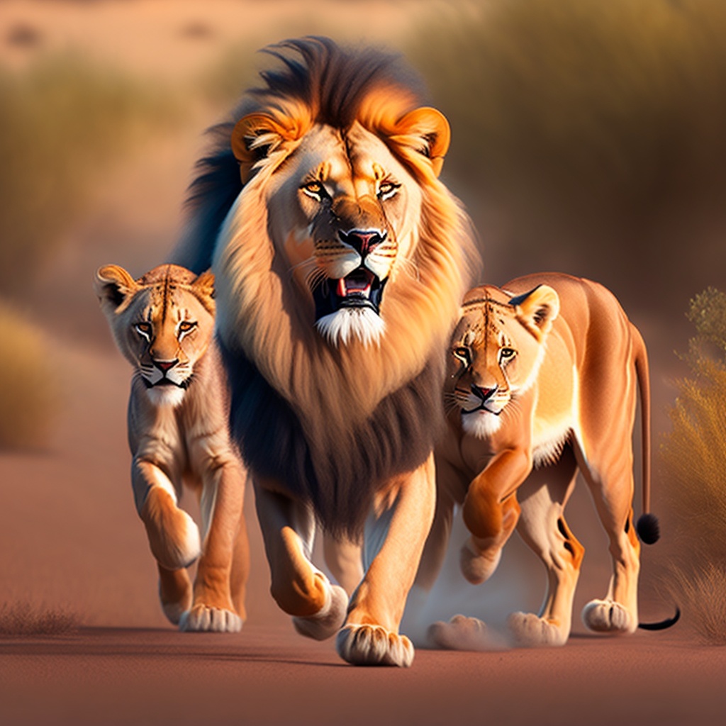 Lexica - Male lion roaring with two lion cubs between his legs, hyper ...