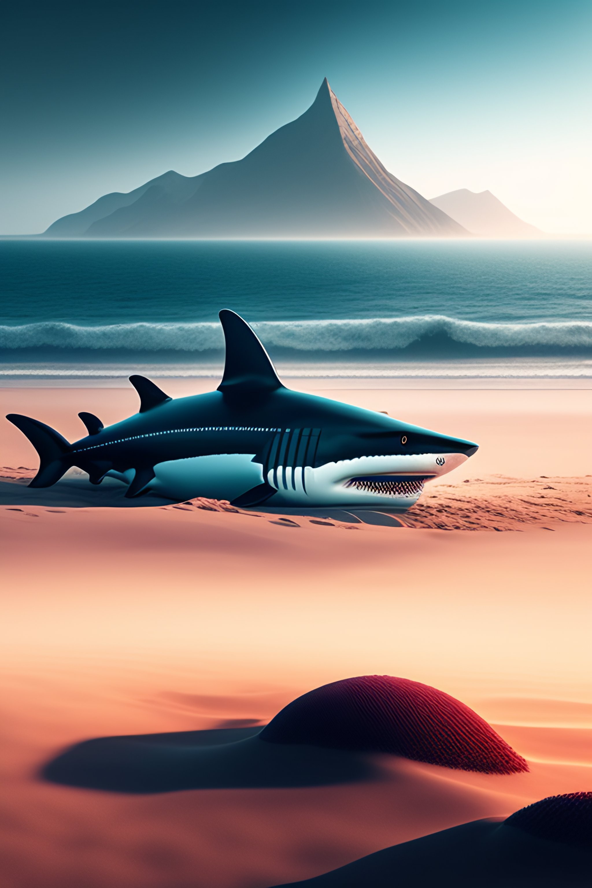 Lexica - Shark with one jaws laying in the sand on a beach with foggy ...