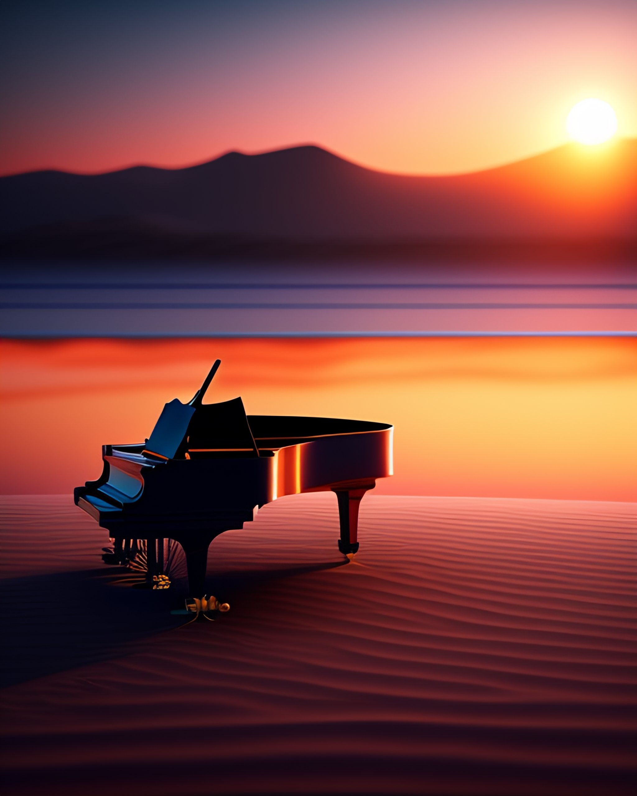Lexica - Playing piano, shining ocean reflections, in the desert ...