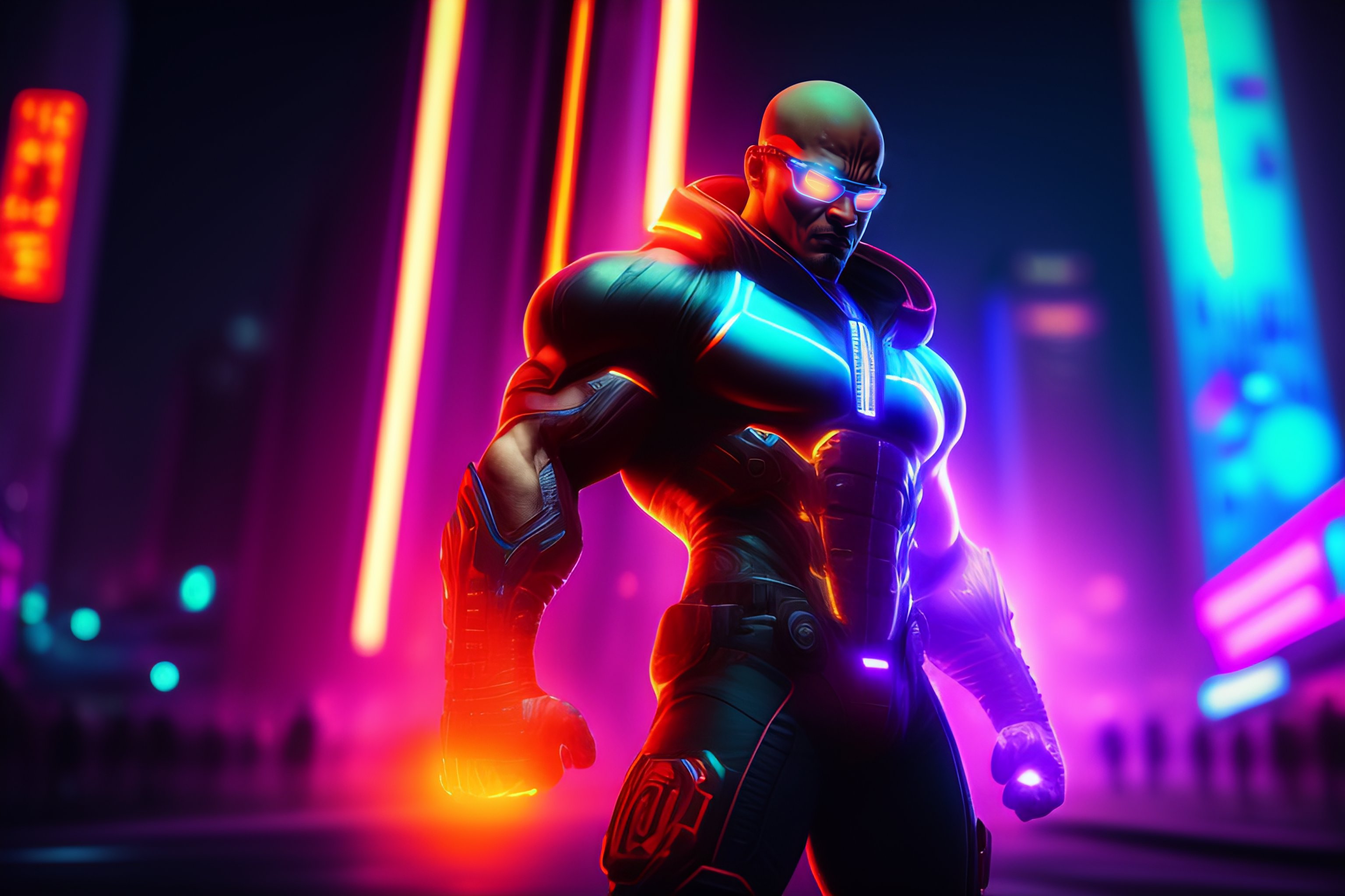 Lexica - Action shot of a bald cyberpunk man with cyberneticaly ...