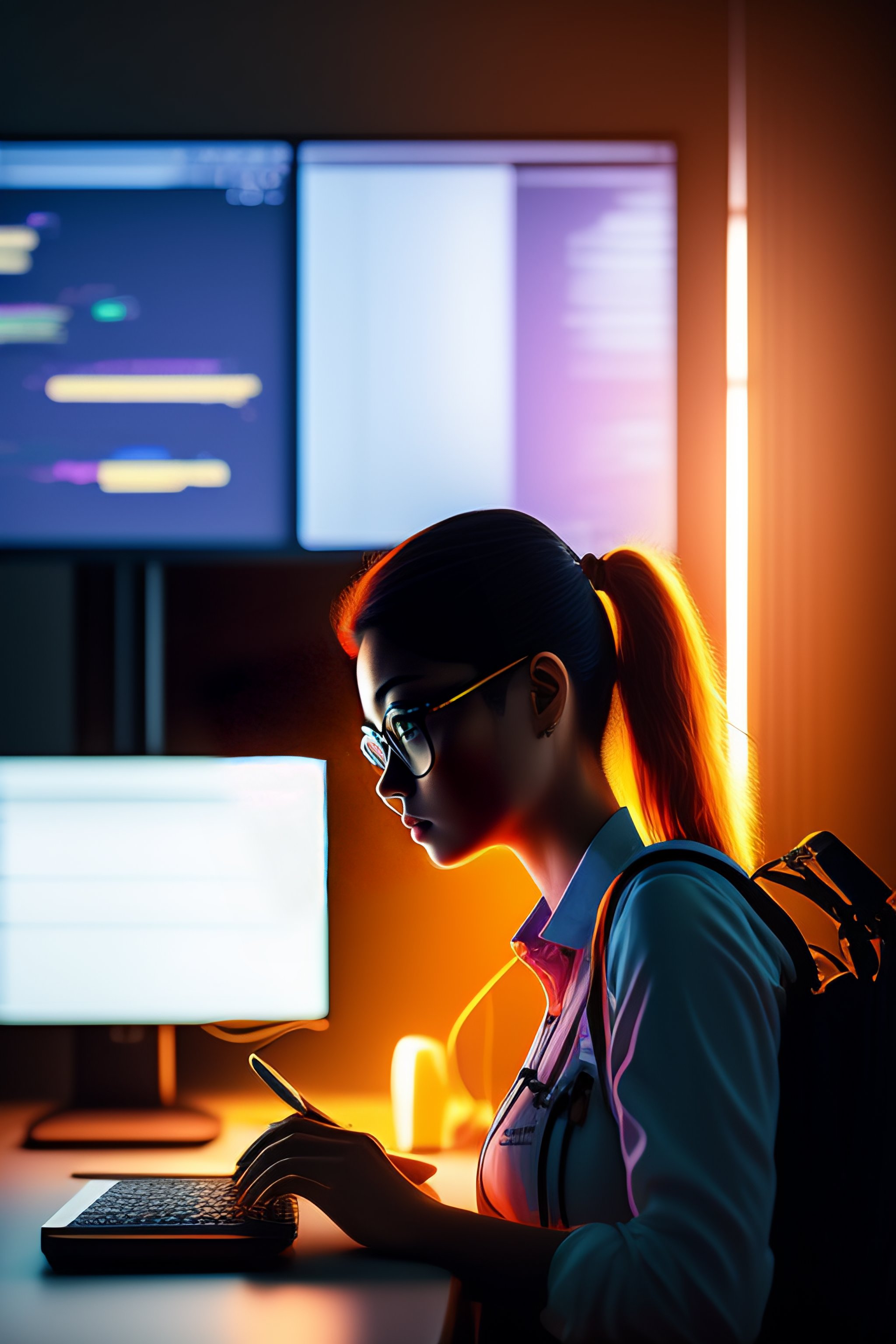 Lexica - A nerdy girl is programming at a computer in a room full of ...