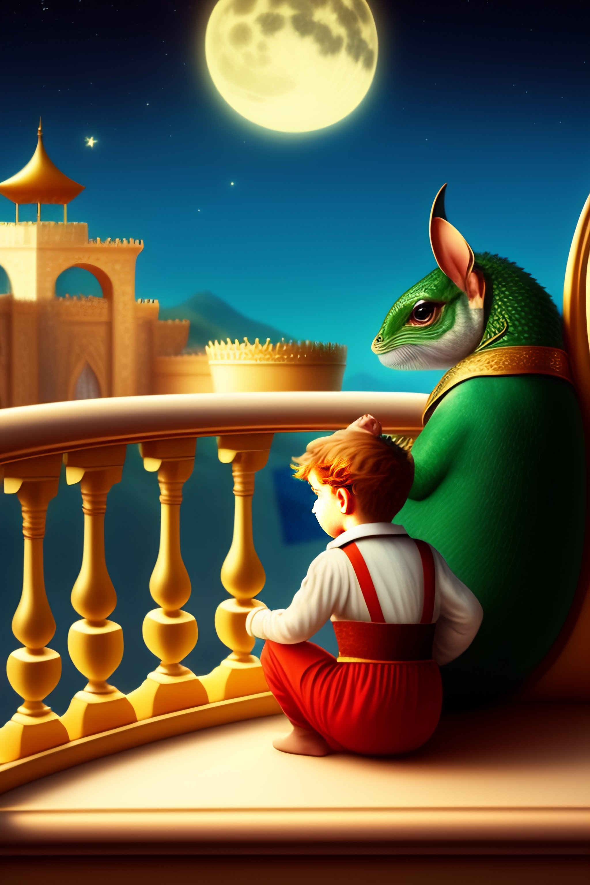 Lexica - Little prince on the balcony of his palace talking to a ...