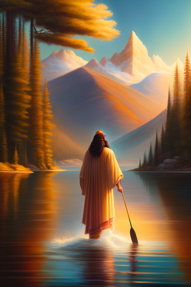 Lexica - Realistic old painting of Jesus walking on a paddle in the ...