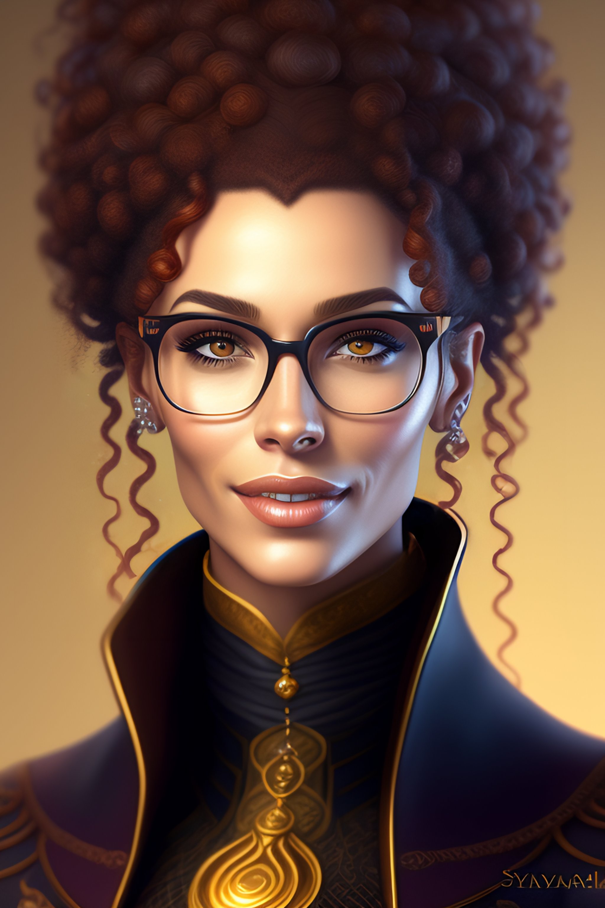 Lexica - Face, Caucasian woman, broad chin, tied curly hair, glasses ...