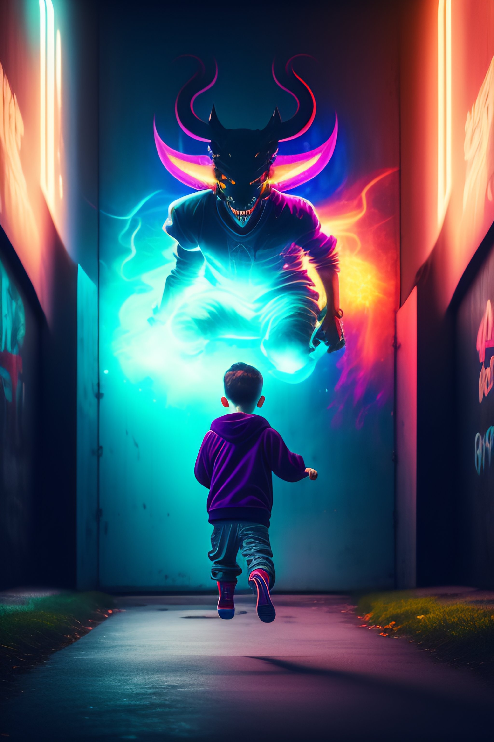 Lexica - A boy jumping with his skateboard with a demon on the bottom ...