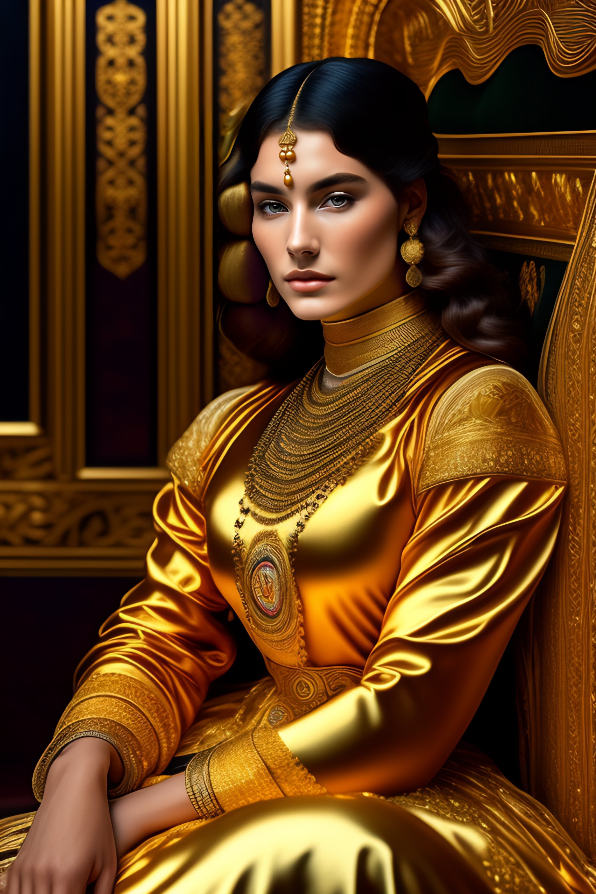 Lexica - 20 year old woman in lavish golden robe laying on an antique ...