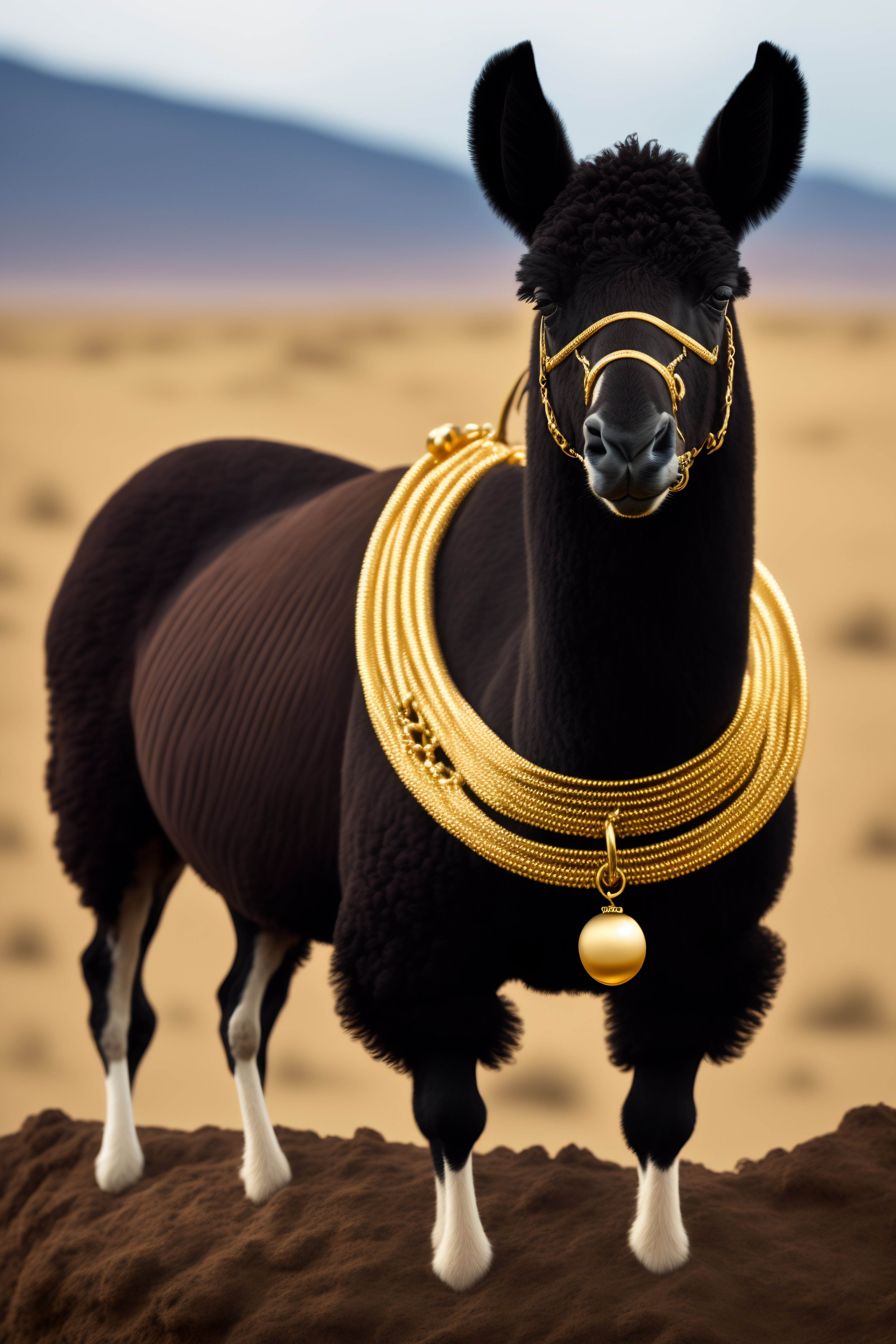 Lexica - A realistic black alpaca with a gold necklace called 43 with a ...