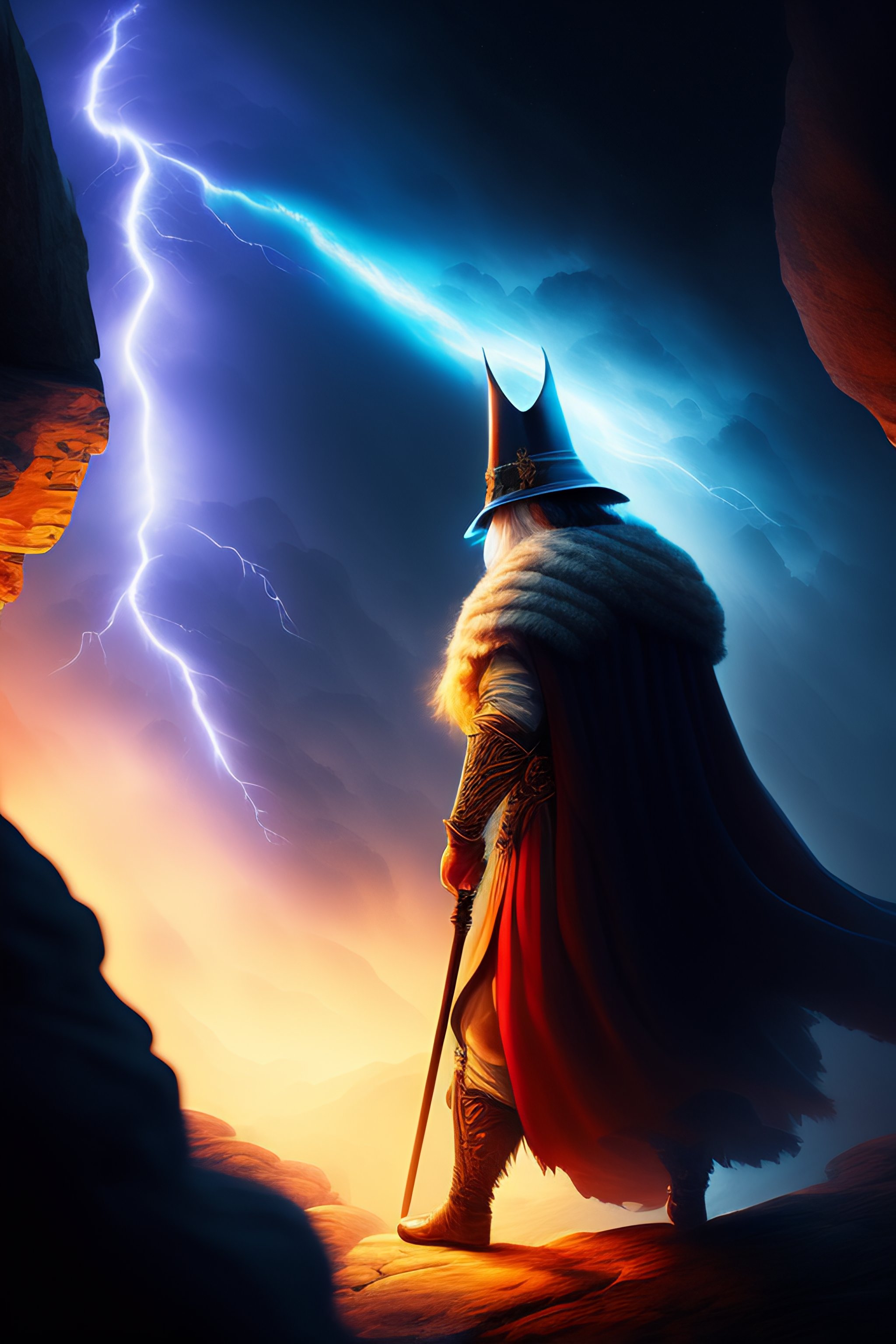 Lexica - Wizard with a staff on a cave, dramatic lightning, hd ...