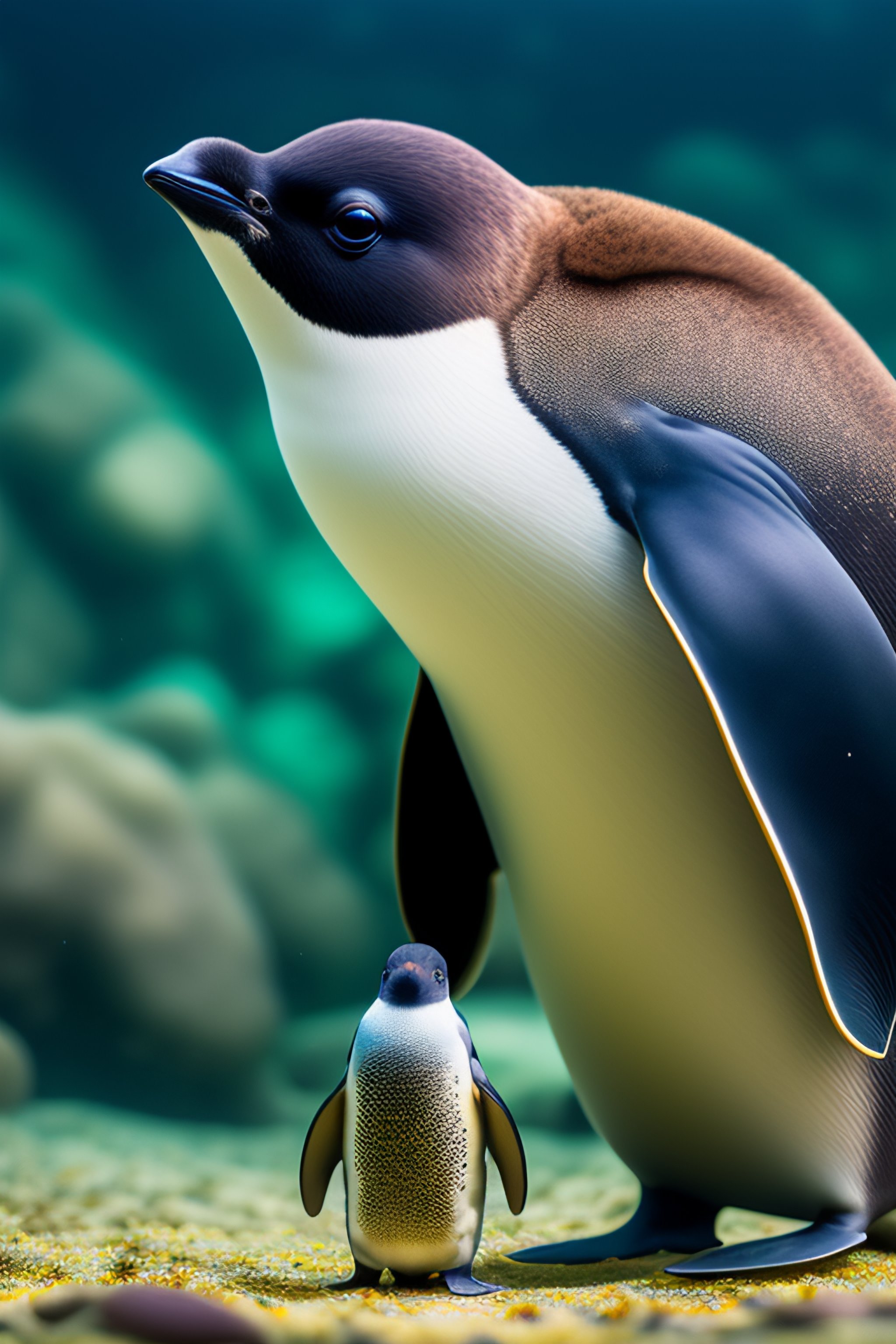 Lexica - Portrait of a british explorer underwater feeding small penguins