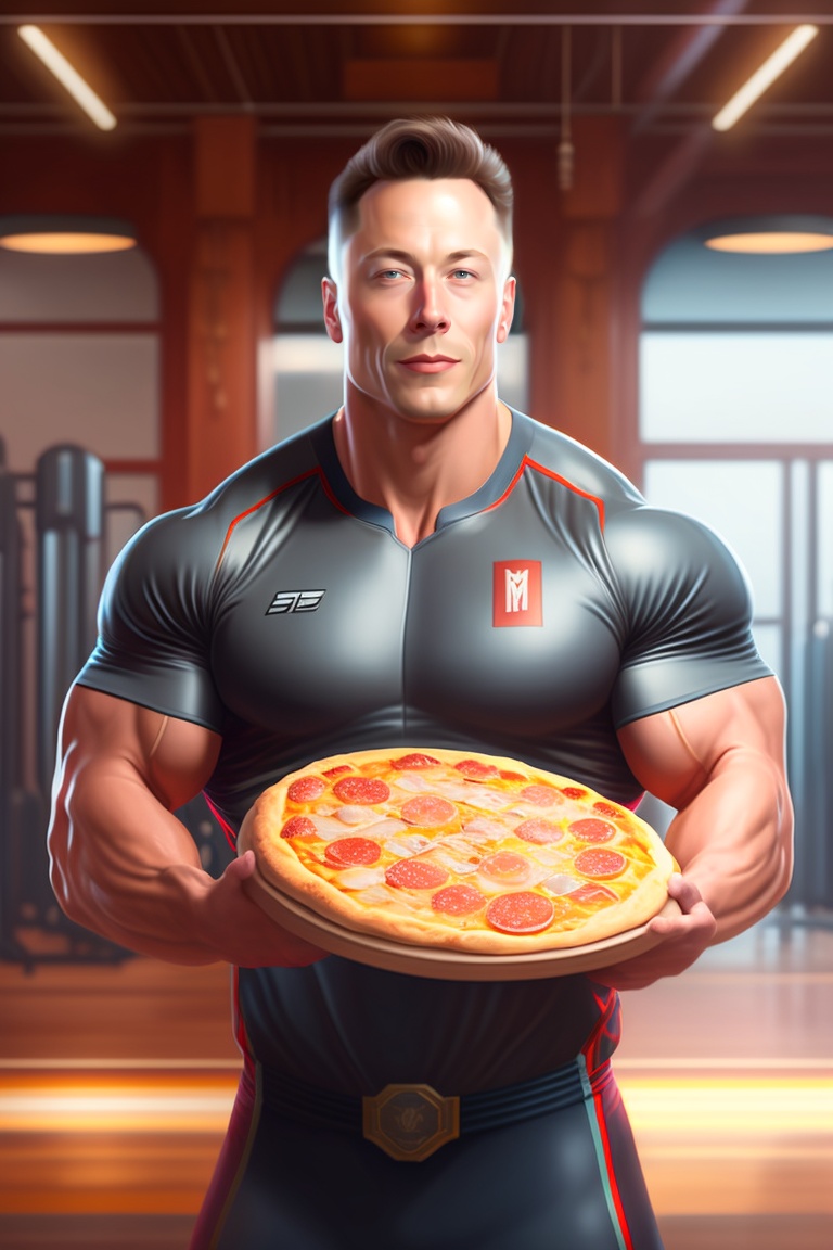 Lexica - Bodybuilder elon musk lifting pizza at the gym, realistic ...