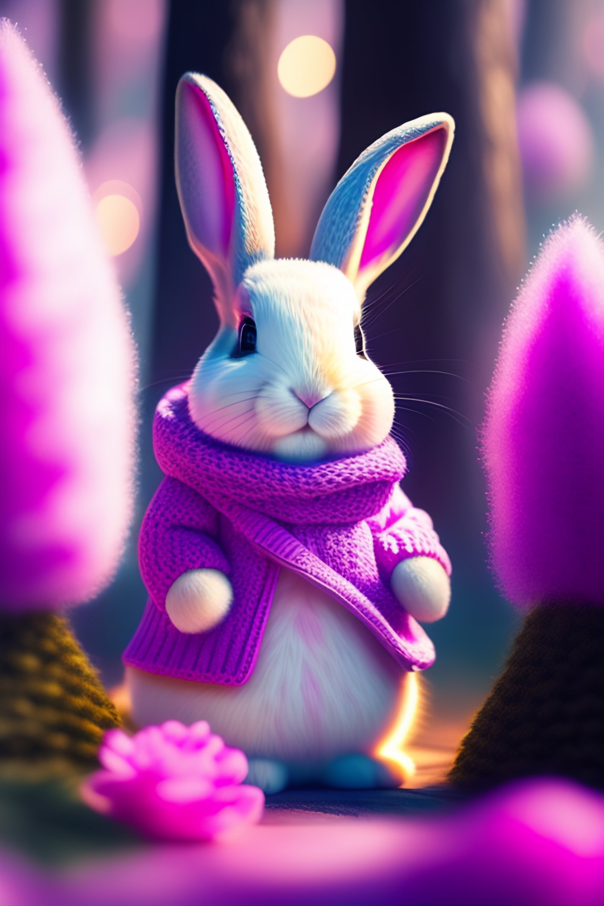 Lexica - Pink cute bunny in a knitted hat, in the midst of flickering ...