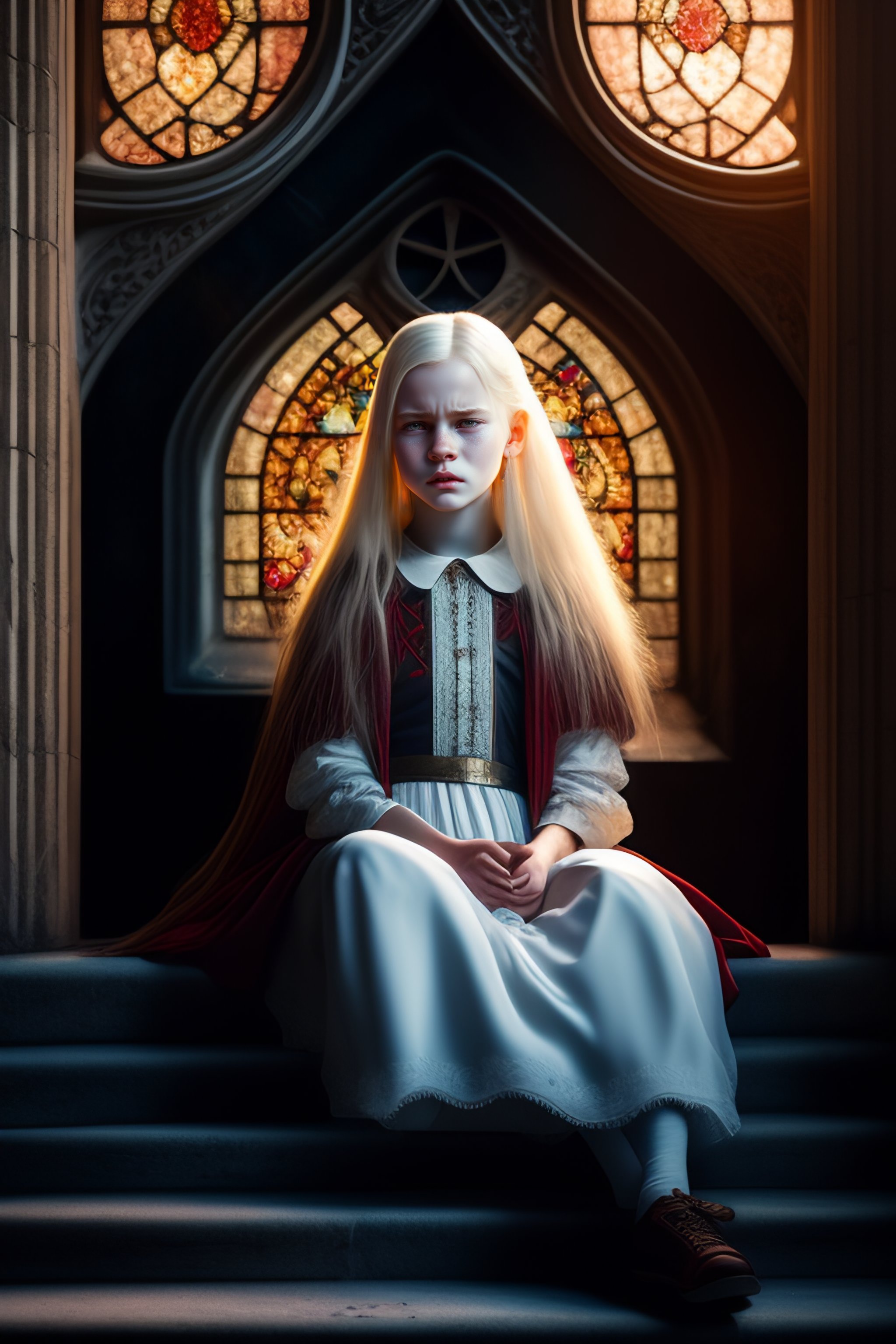 Lexica - 12 years old crying sad albino vampire female sitting on the ...