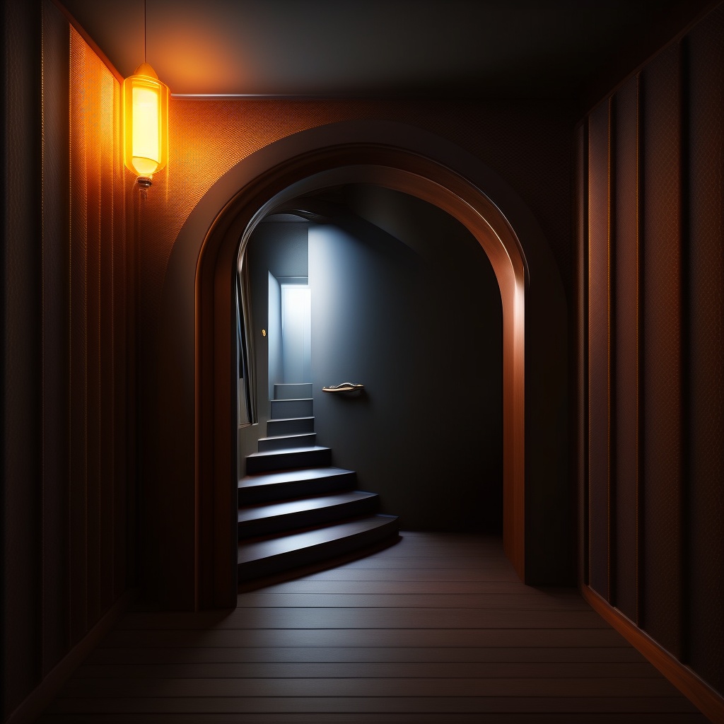 Lexica - Stairs wich go into a dark basement with a open door, with a ...