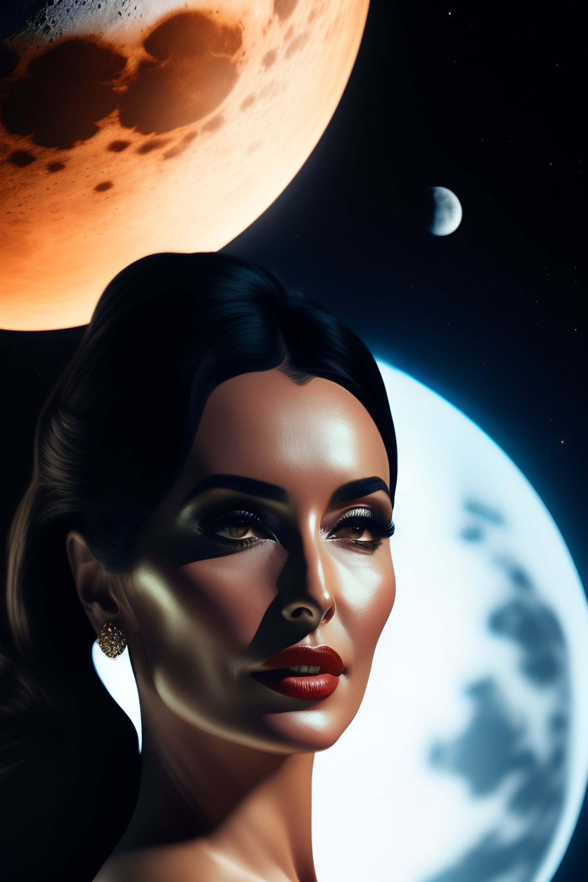Lexica - A 3d render Monica Bellucci on the background of the moon, cinematic lighting ...