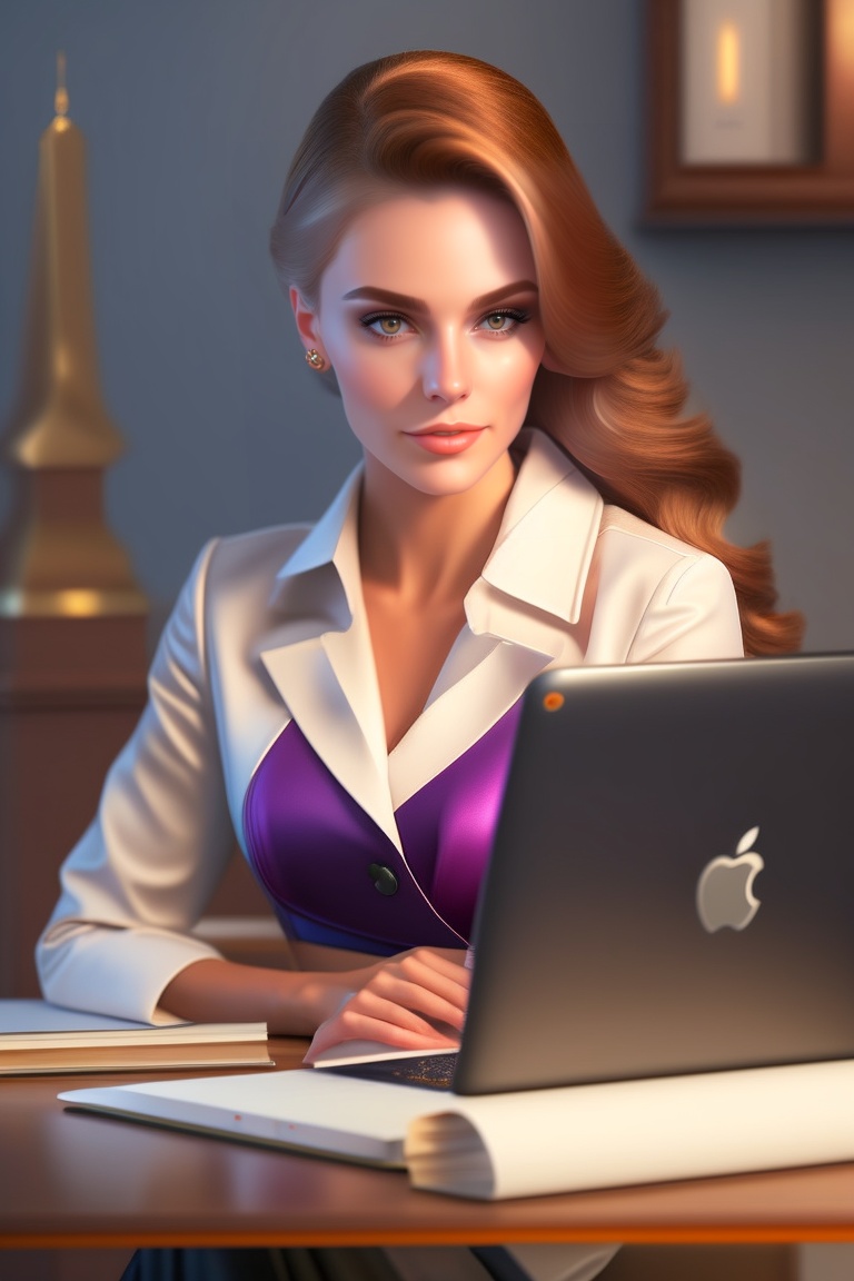 Lexica - Real Beautiful Russian girl set in office reading document, in her front her apple ...