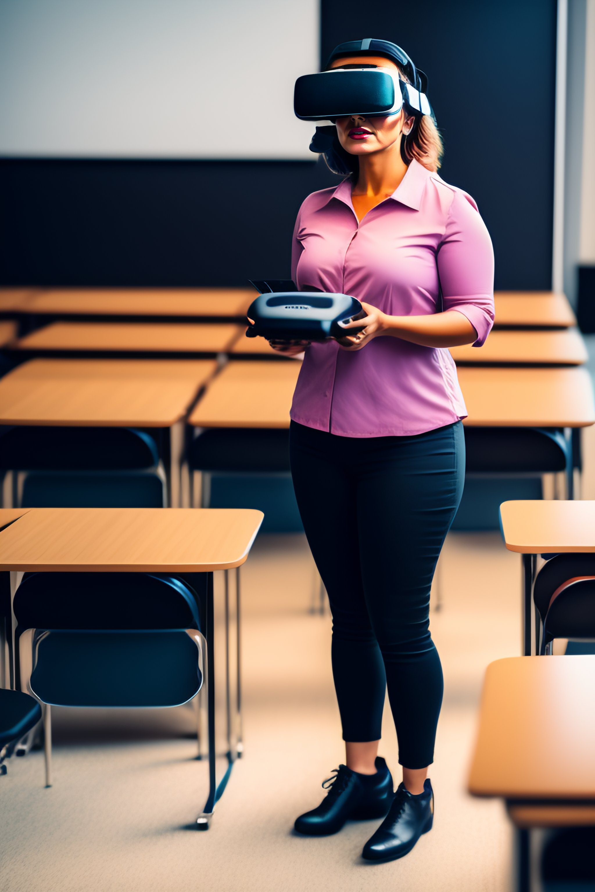 Lexica - Teacher with a VR-Headset standing in a classroom