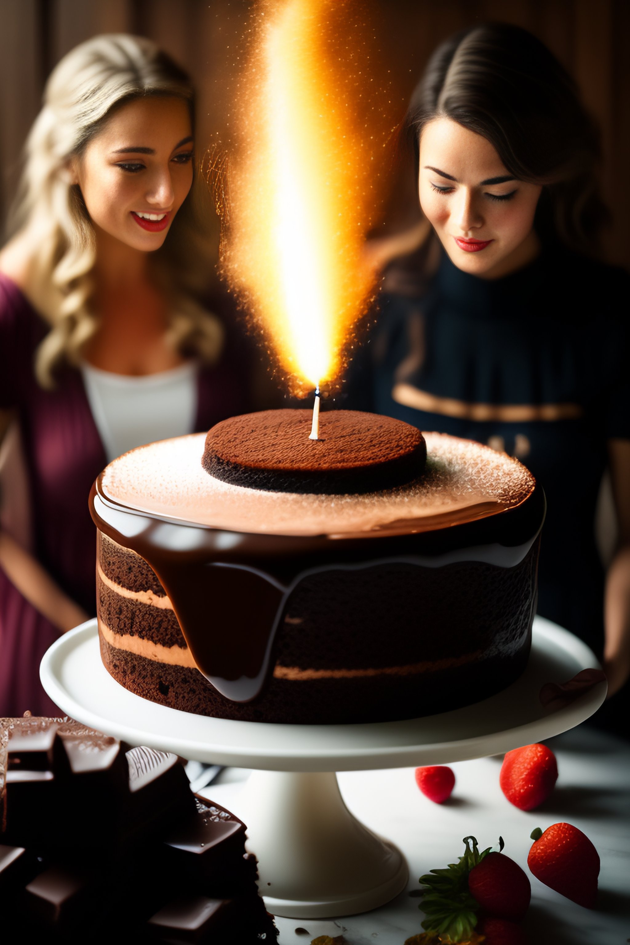 Lexica - Friends blowing out candles on an exploding chocolate cake