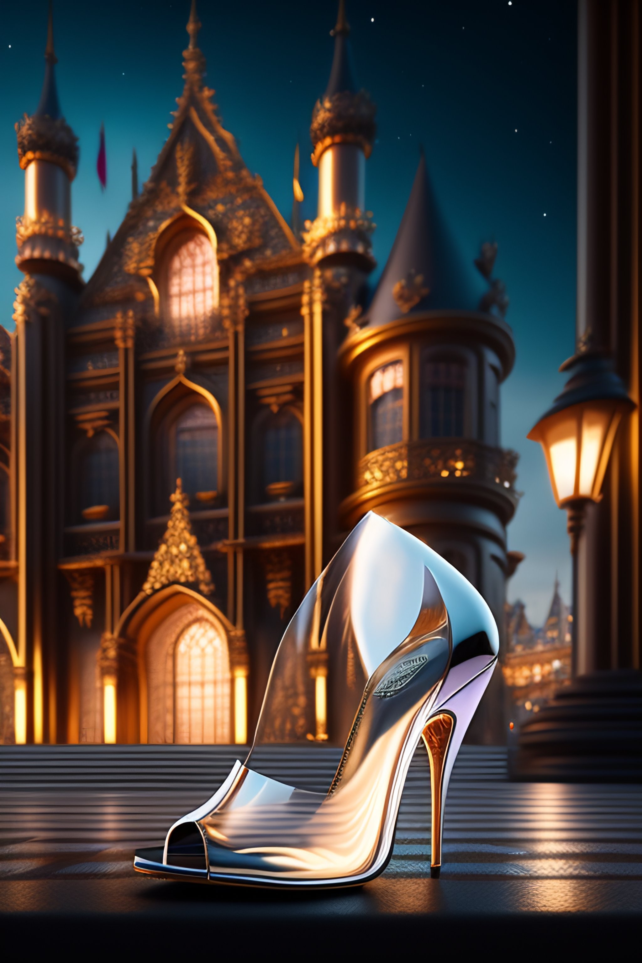 Lexica - Shiny clear entricate high heel shoe in front of a castle ...