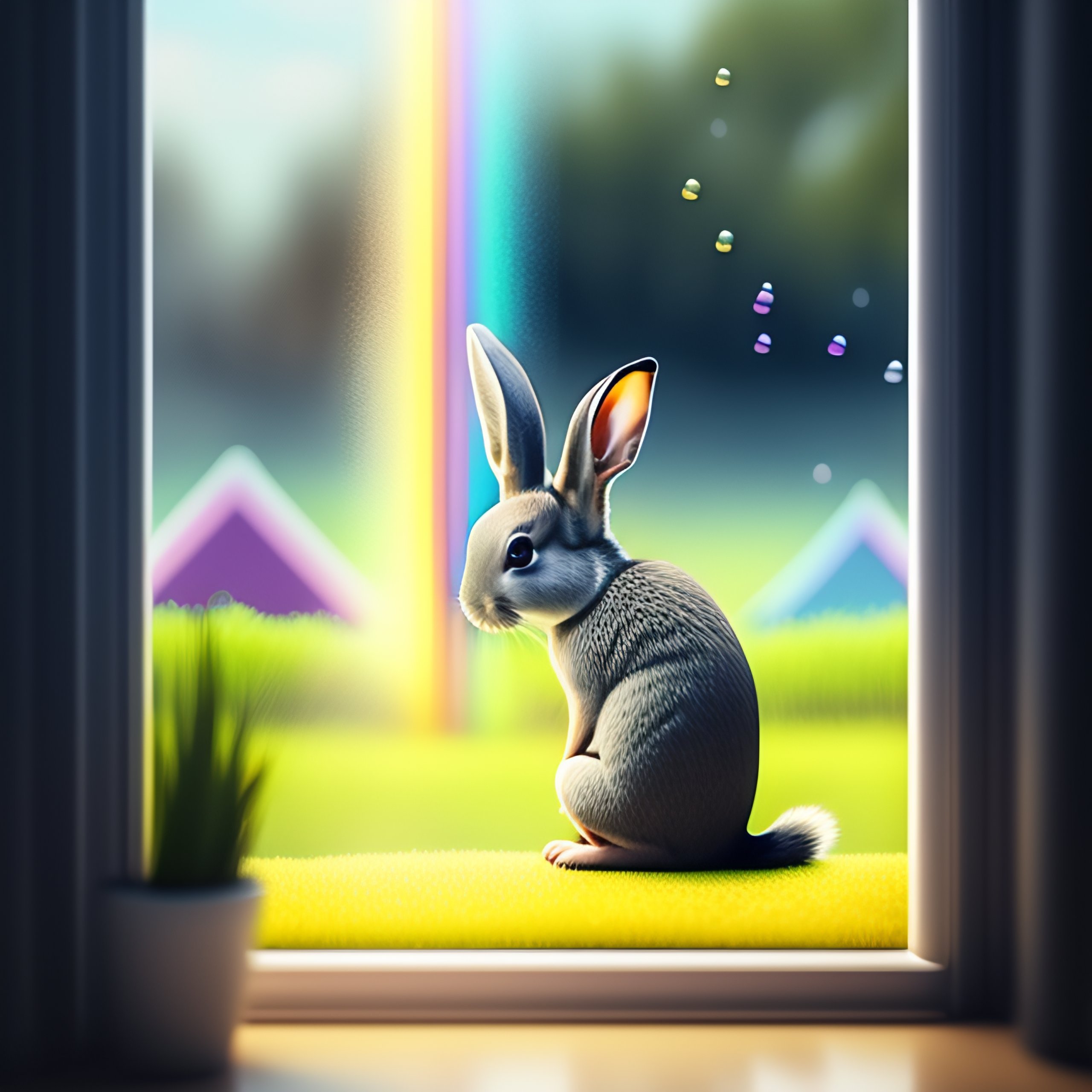 Lexica - Grey bunny looking at rainbow outside window illustration