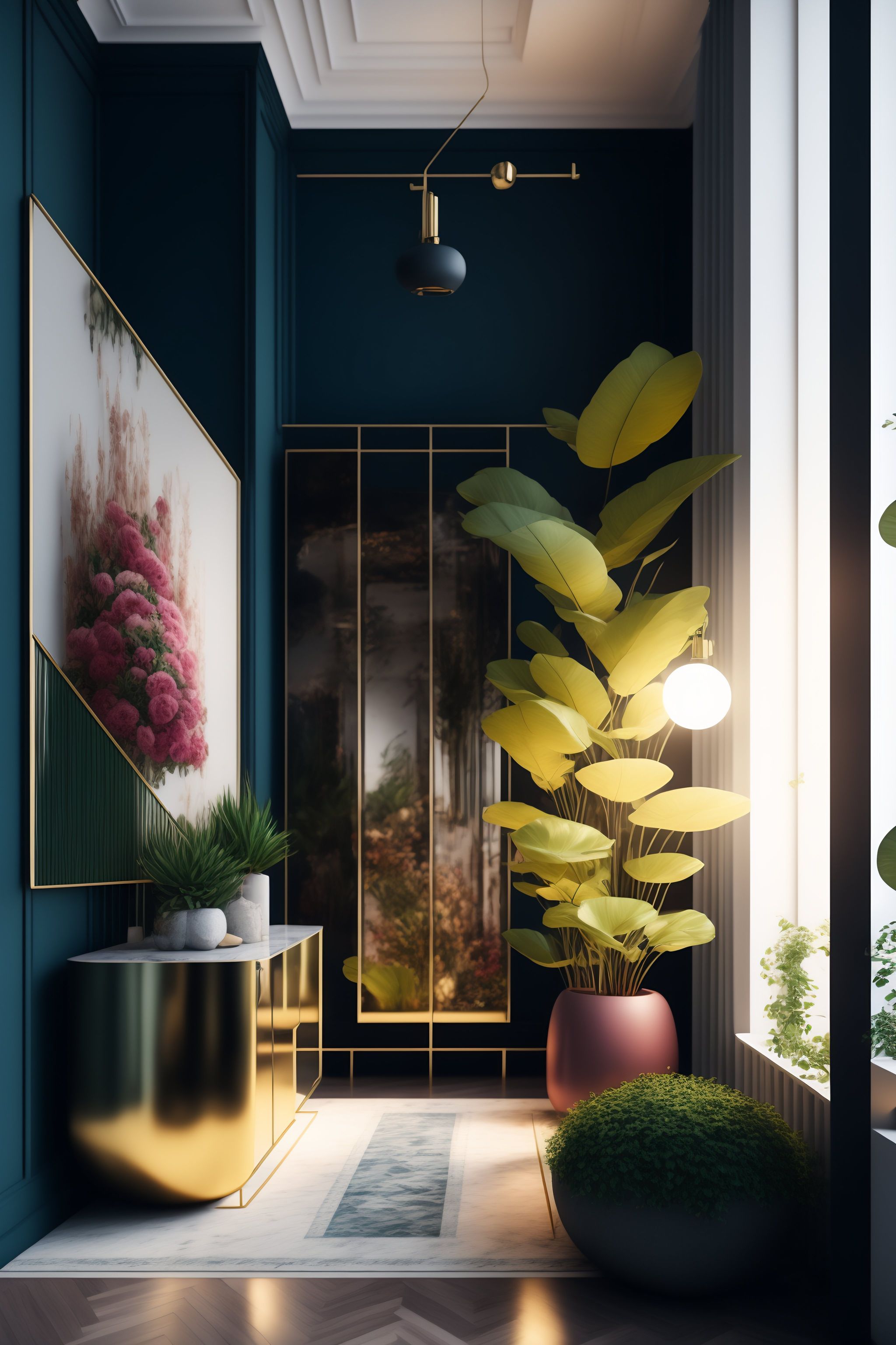 Lexica - Lots of furniture, wall art, plants, flowers, cozy, chaotic ...