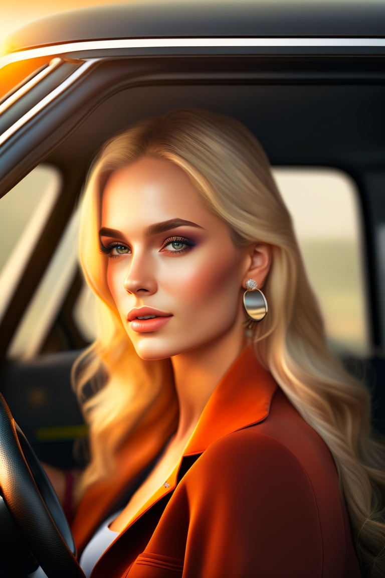 Lexica - Blonde woman, dark eyes, in a truck, woman at the wheel ...