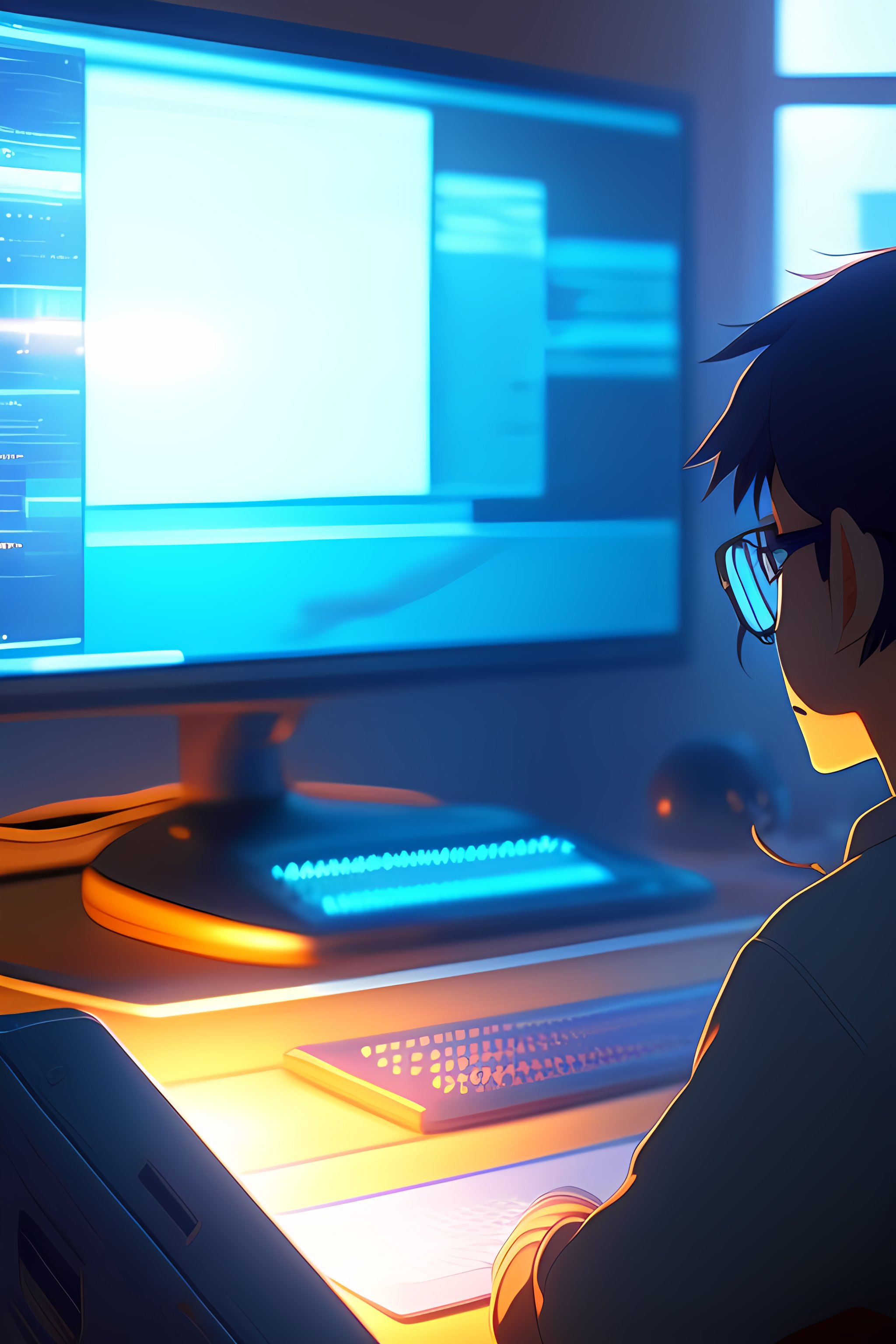 Lexica - A nerdy boy is programming at a computer in a room full of ...