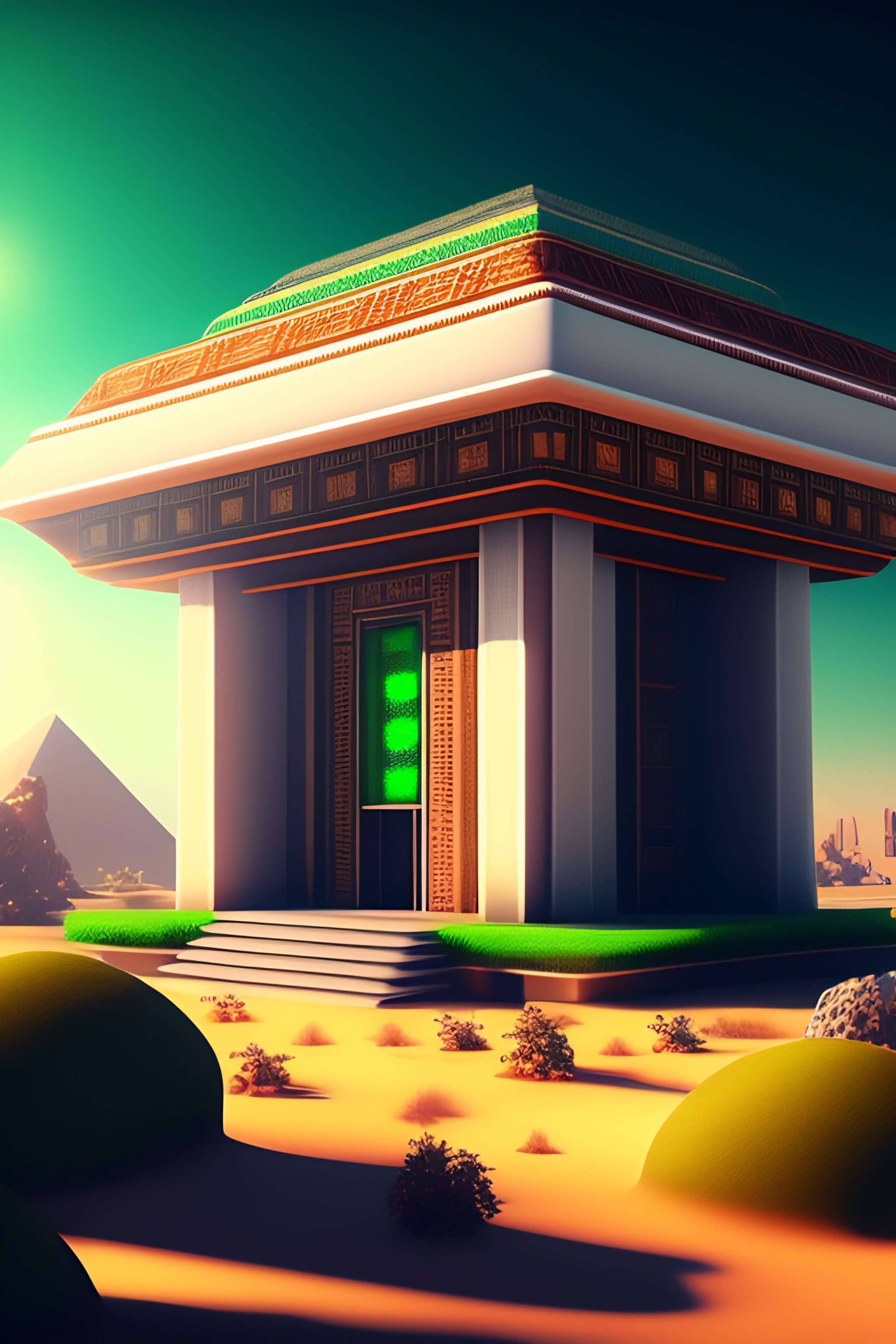 Lexica - White Aztec temple with a library in a green desert, acid ...