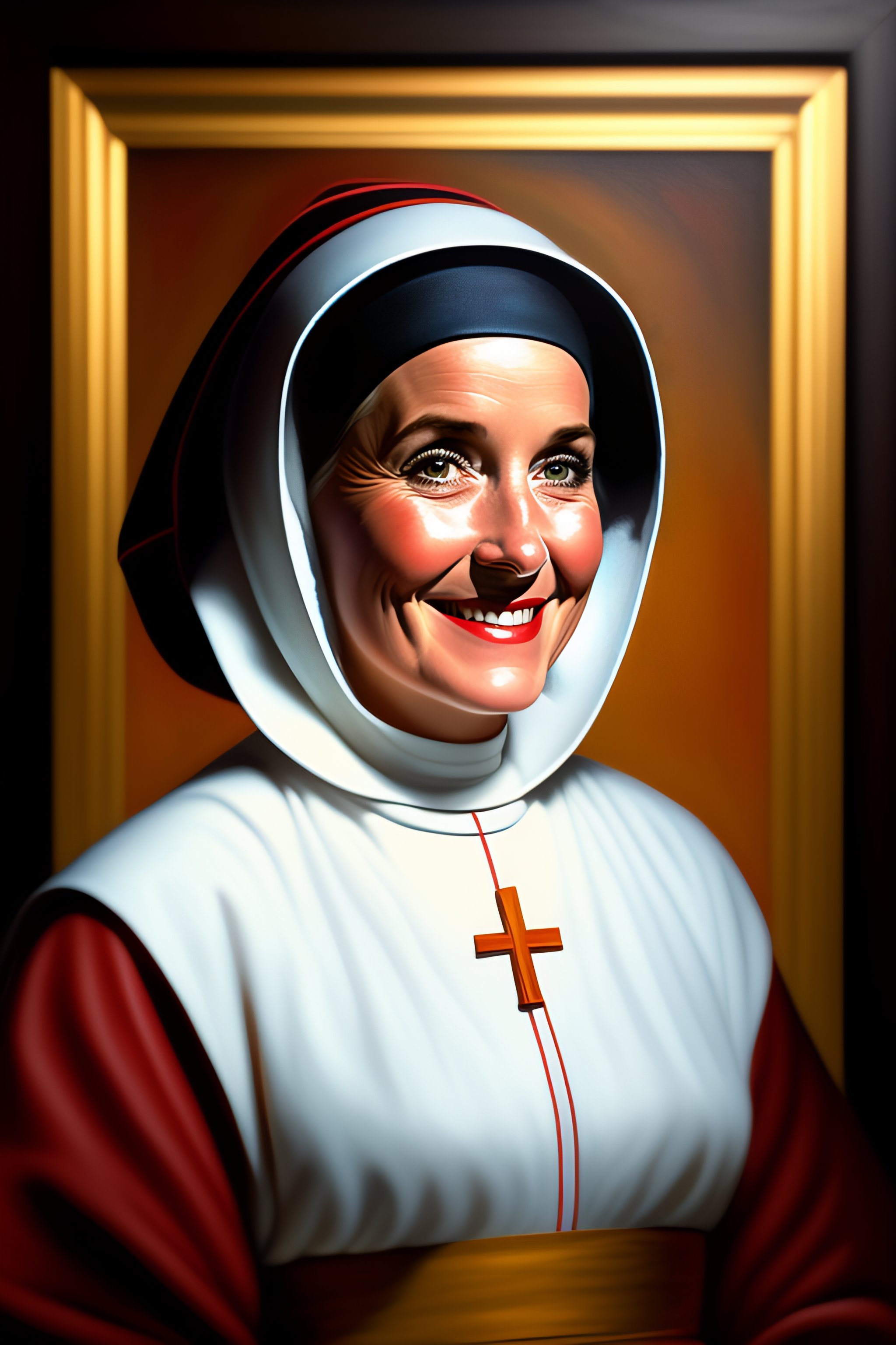 Lexica - Goofy dressed as a nun, oil painting, warm lighting