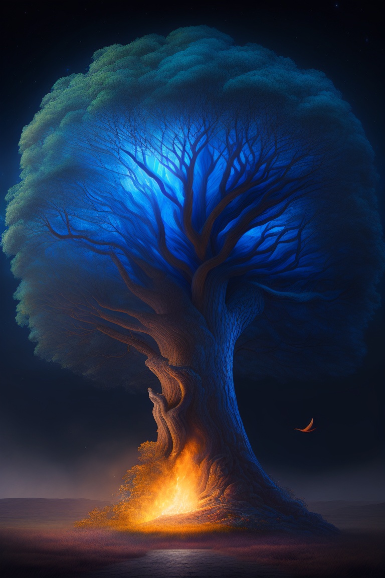 Lexica - A huge ancient magical tree with a blue fire at the center of ...