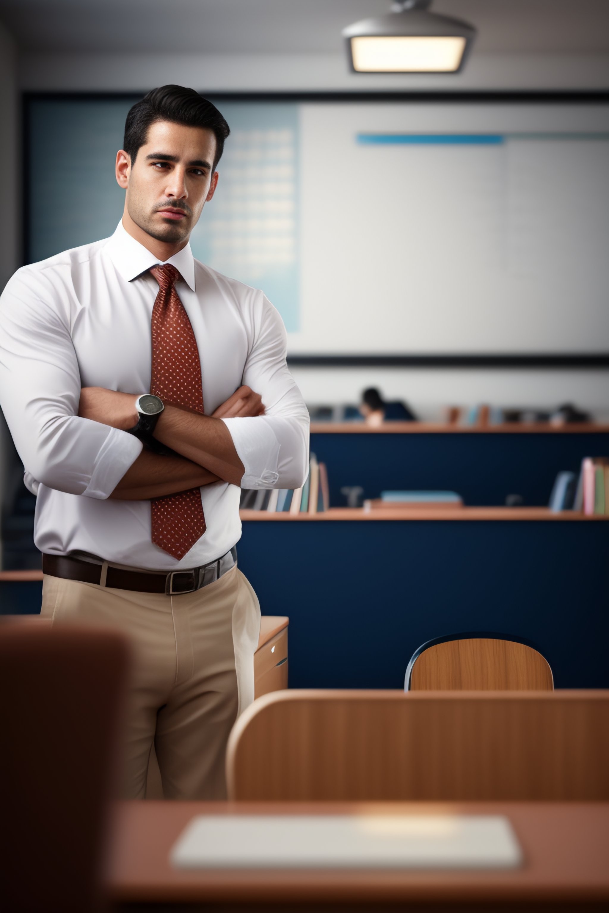Lexica - Realistic image of a frustrated teacher in front of his classroom