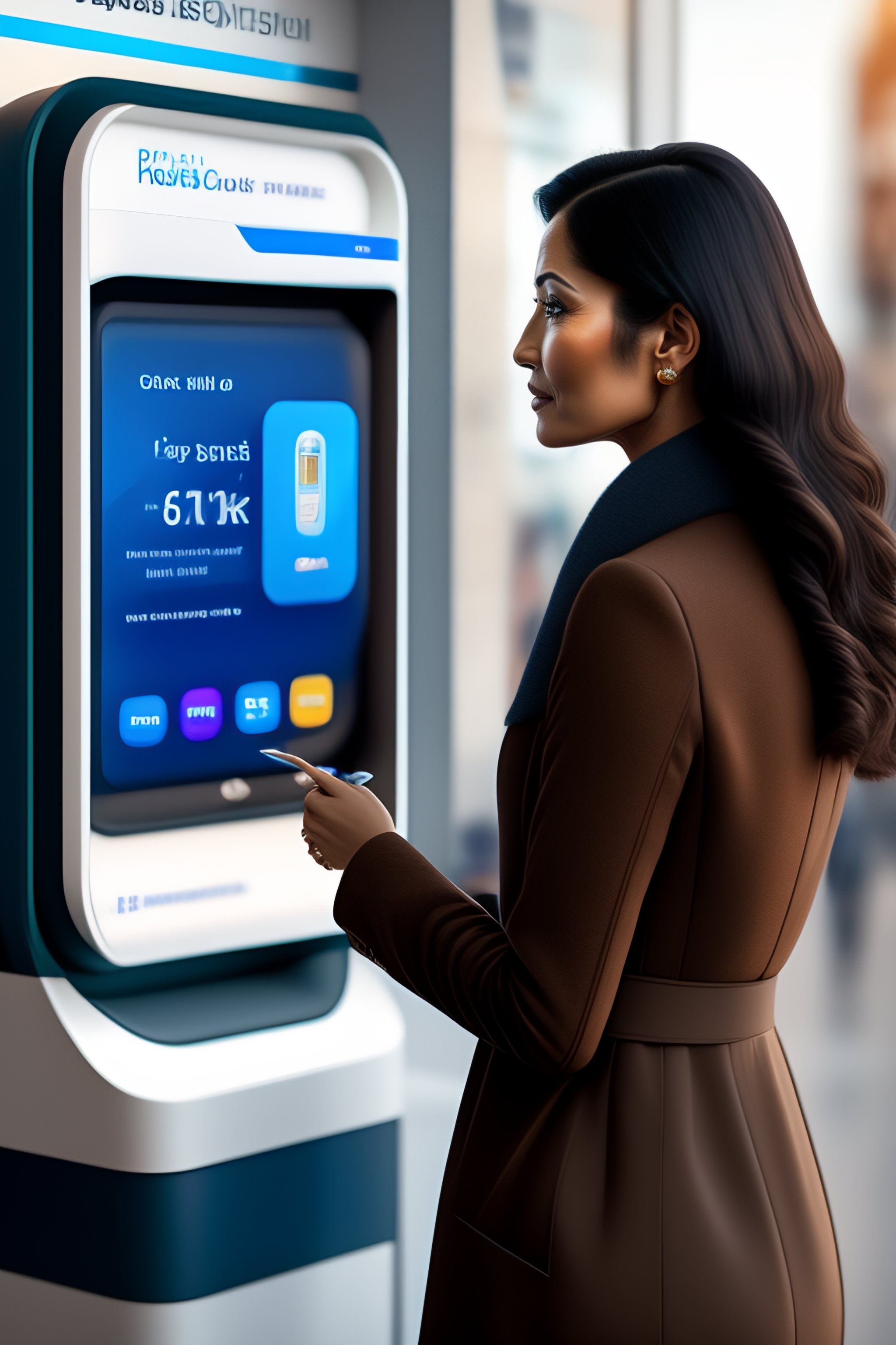 Lexica - Photorealistic, woman interacting with a digital kiosk in a ...