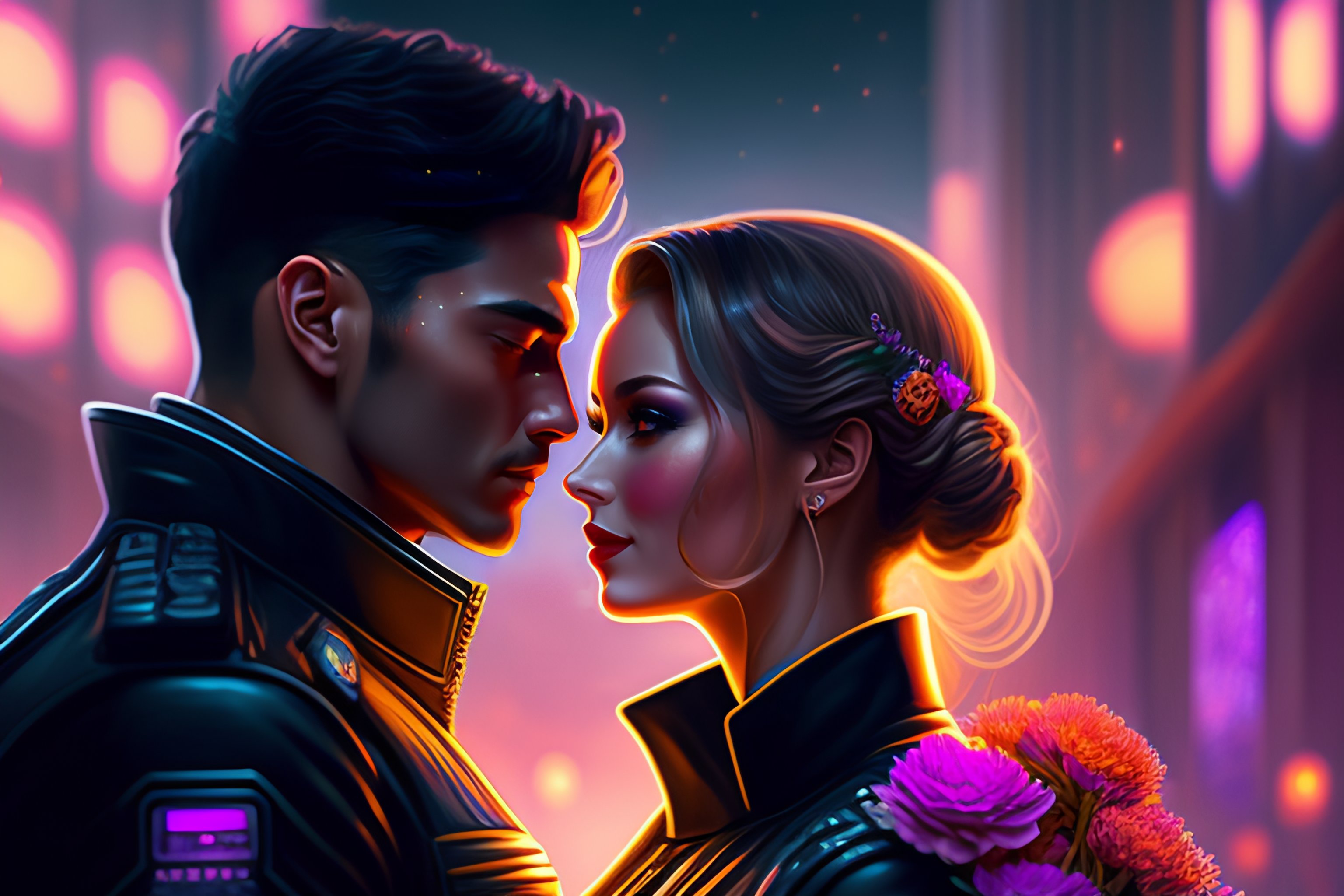 Lexica - An android man gives a bouquet of flowers to a beautiful human ...