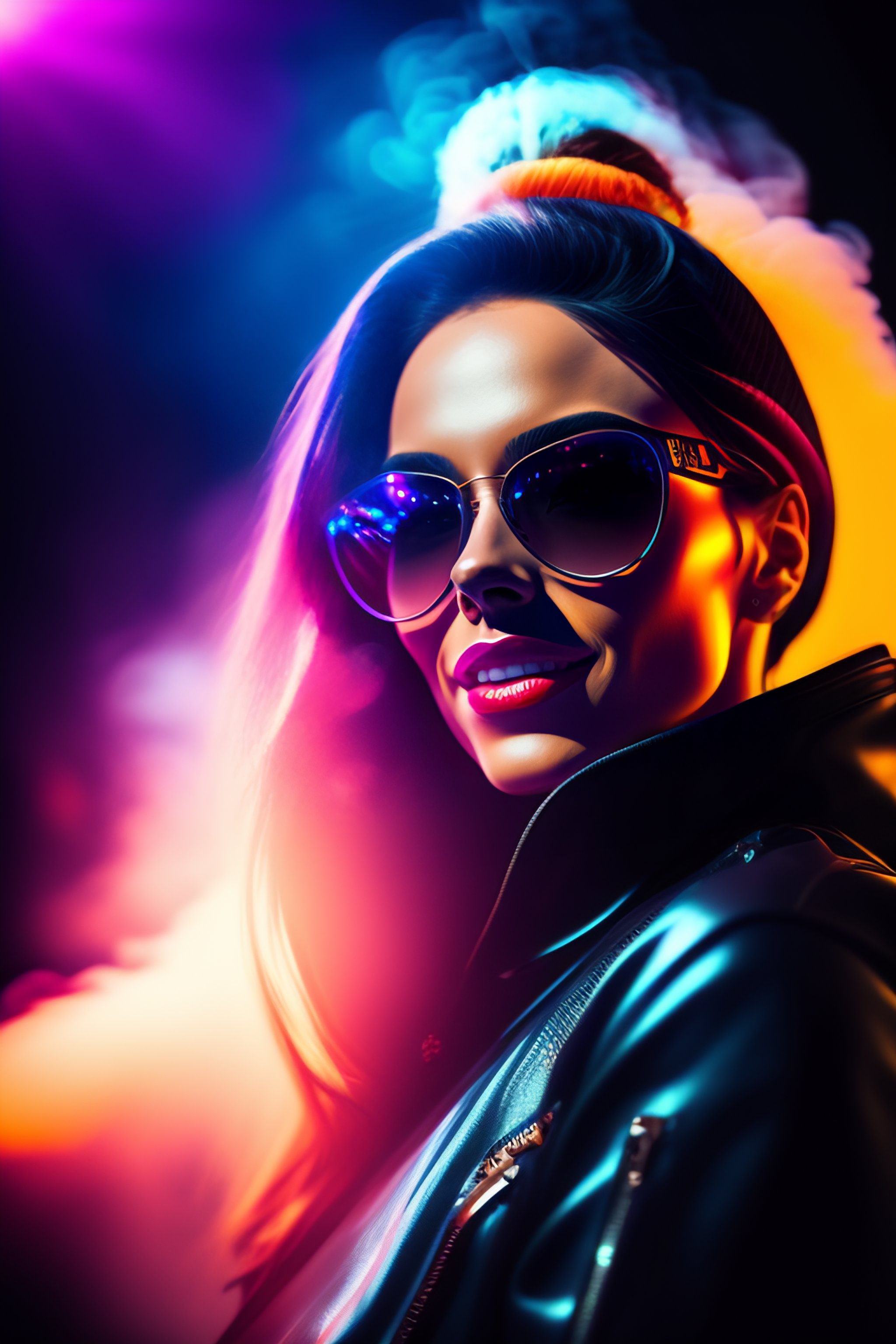 Lexica - A woman with sunglasses raving in a club with lasers and smoke