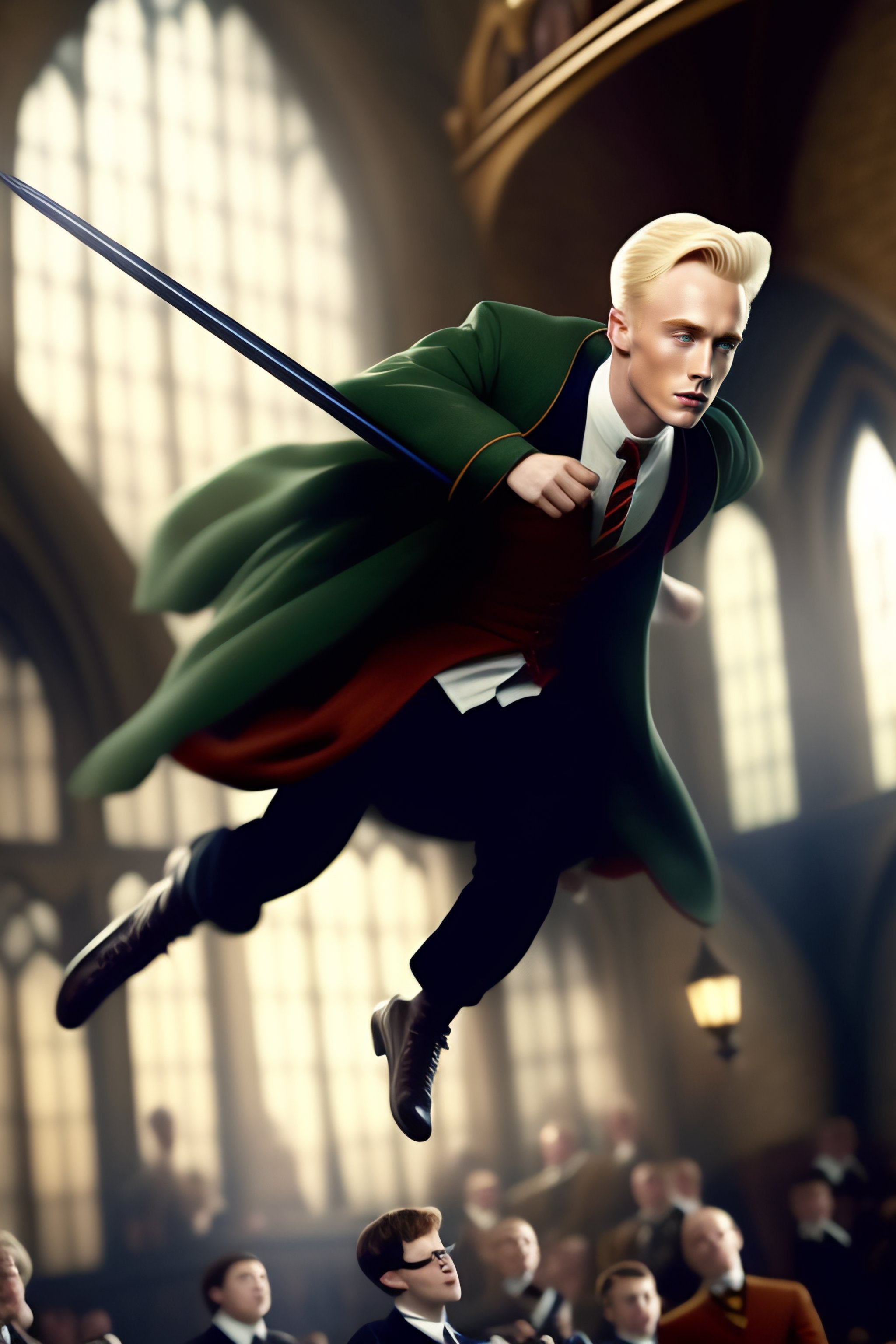 Lexica - Harry Potter and Draco Malfoy flying on a broom in Hogwarts