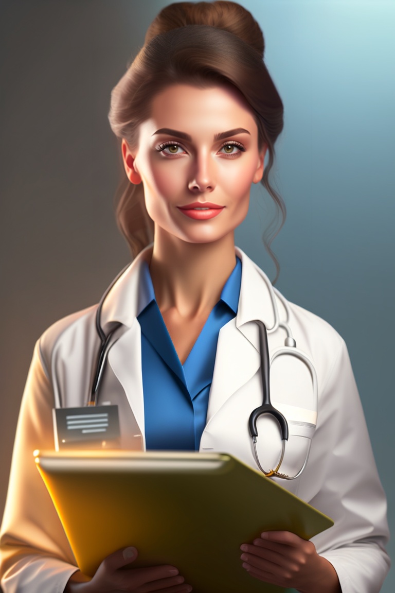 Lexica - Female doctor with small lips, confident, serious, carrying a ...