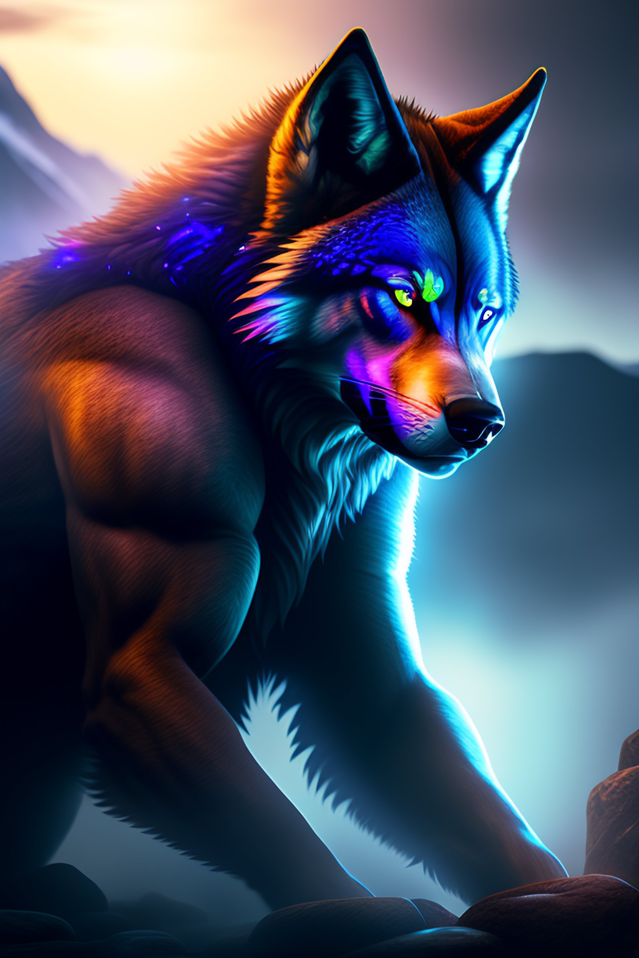Lexica - Werewolf with lighting storm, bioluminescent glowing blue eyes ...