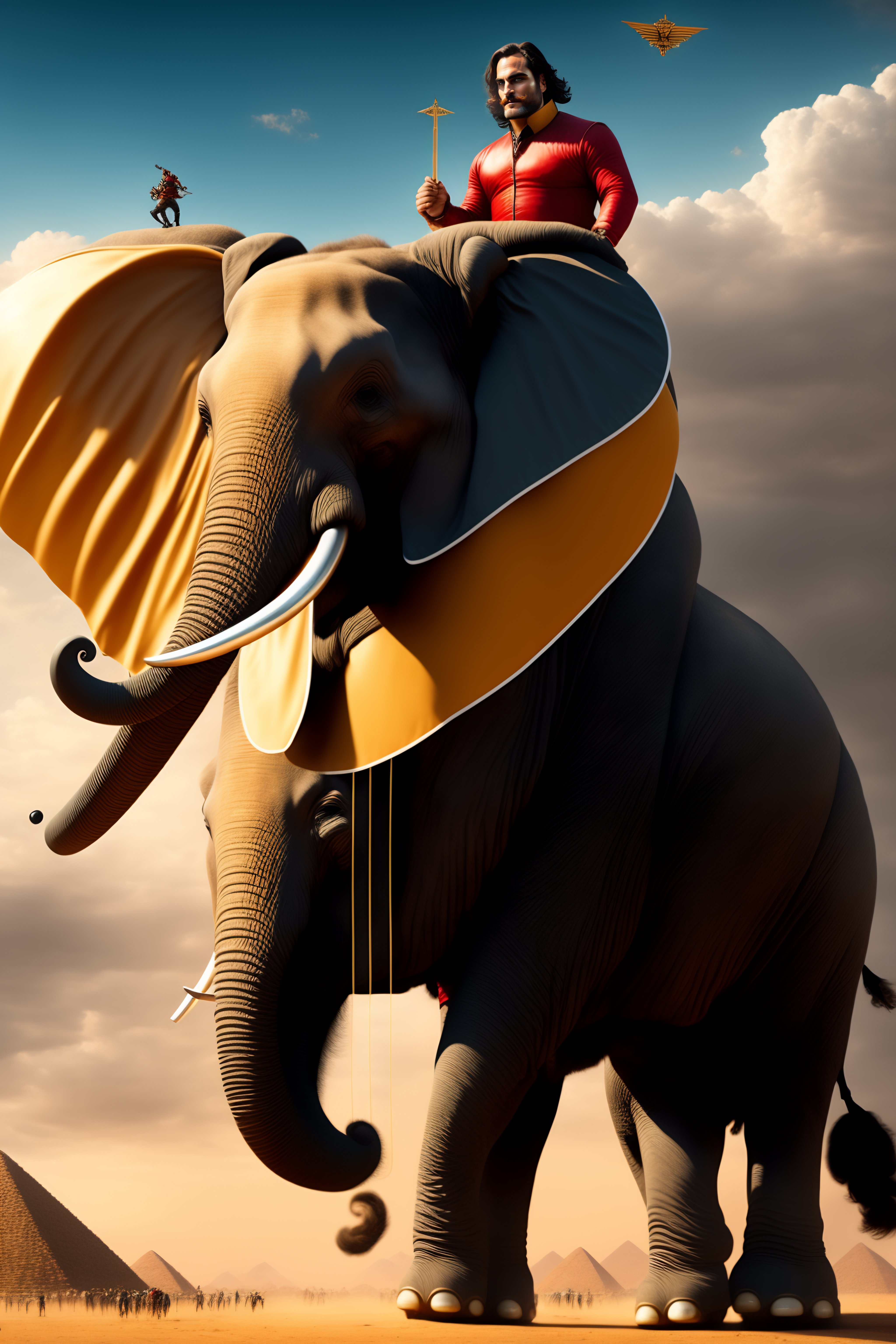 Lexica - Joaquin Phoenix riding a flying elephant above giza city ...