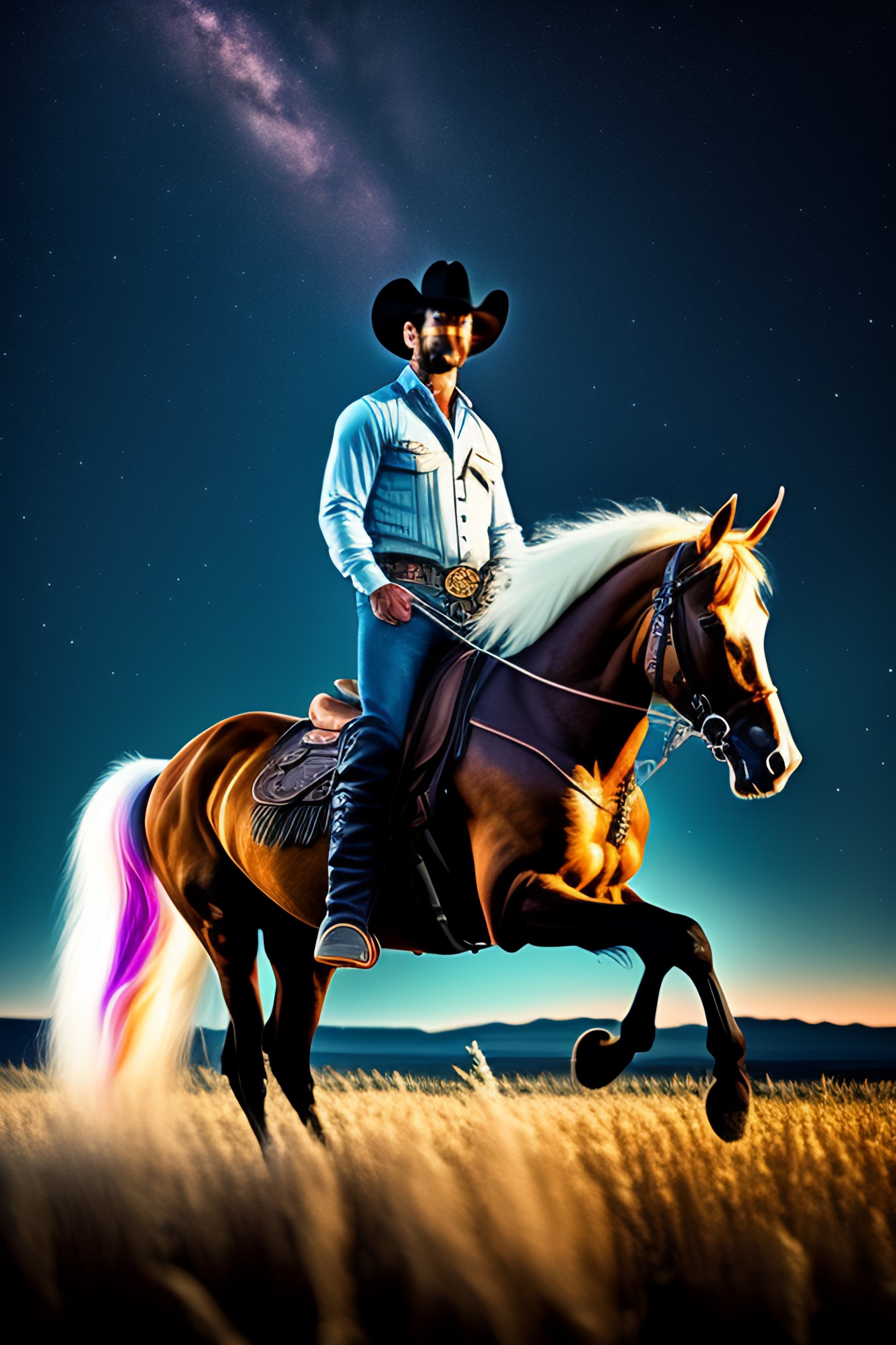Lexica - Photograph of a cowboy riding a unicorn in a field of stars