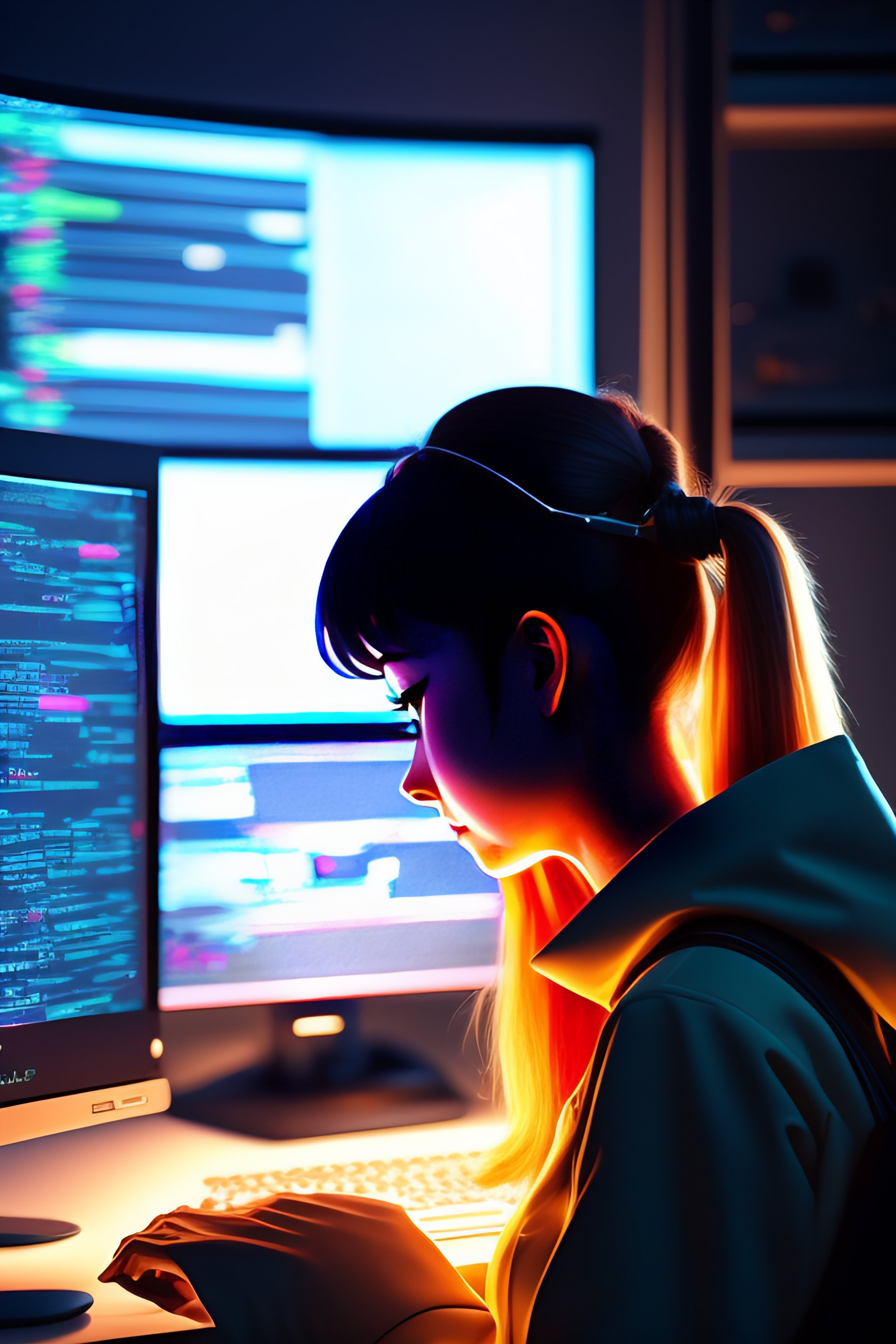 Lexica - A nerdy girl is programming at a computer in a room full of ...