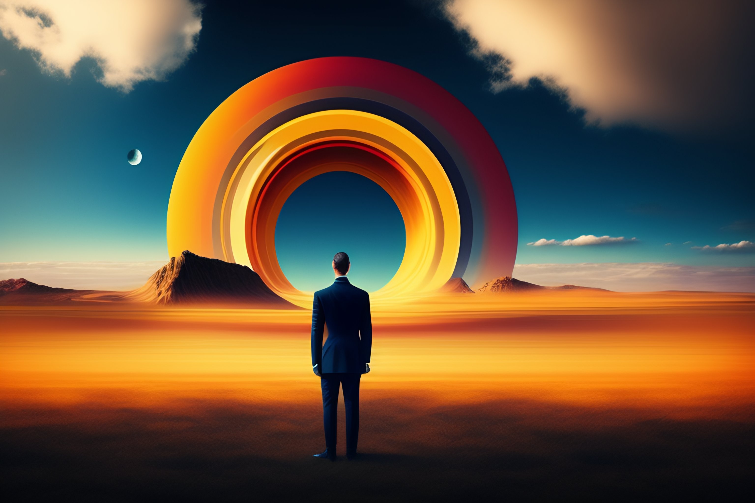 Lexica - Anthropomorphic figure looking towards landscape dystopian ...