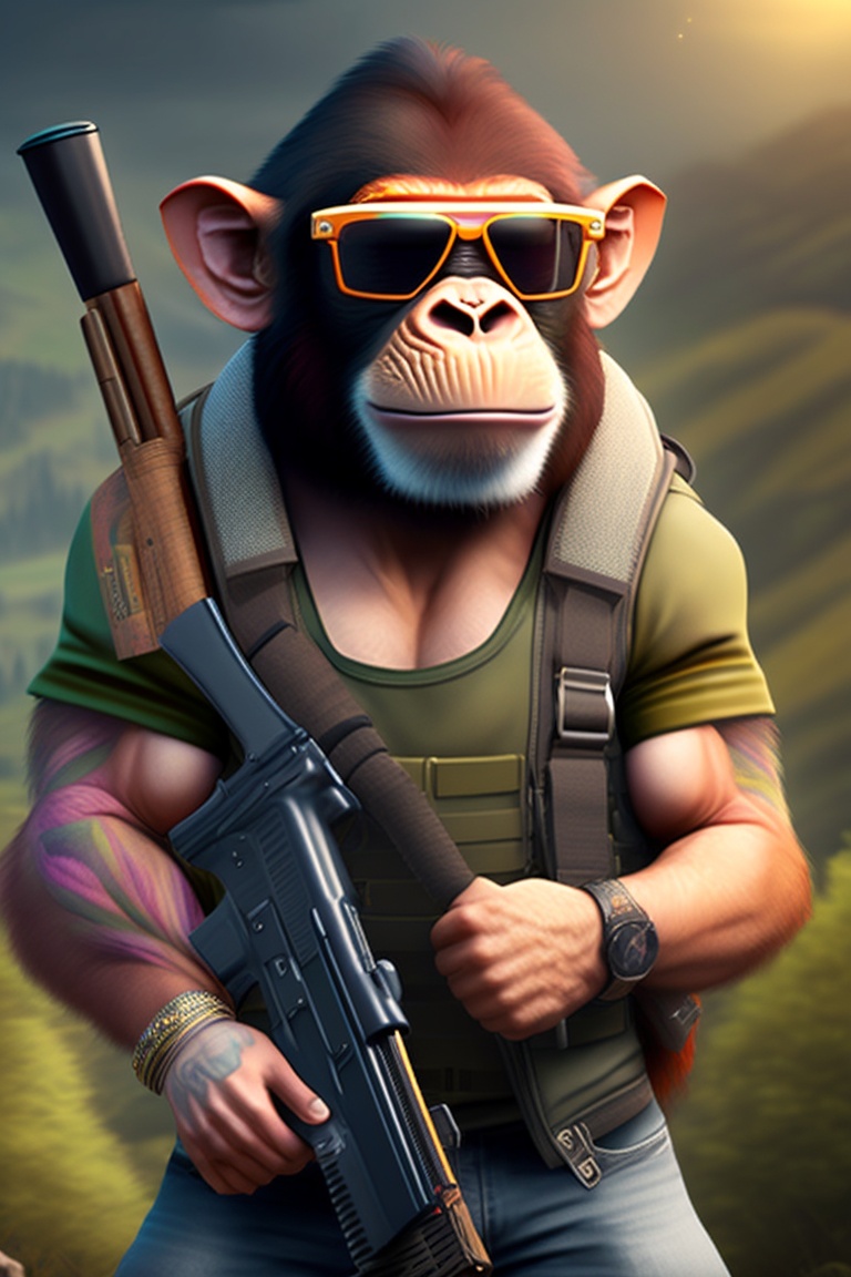 Lexica - Chimp with AK47 in his both arms, sunglasses, tatooes ...