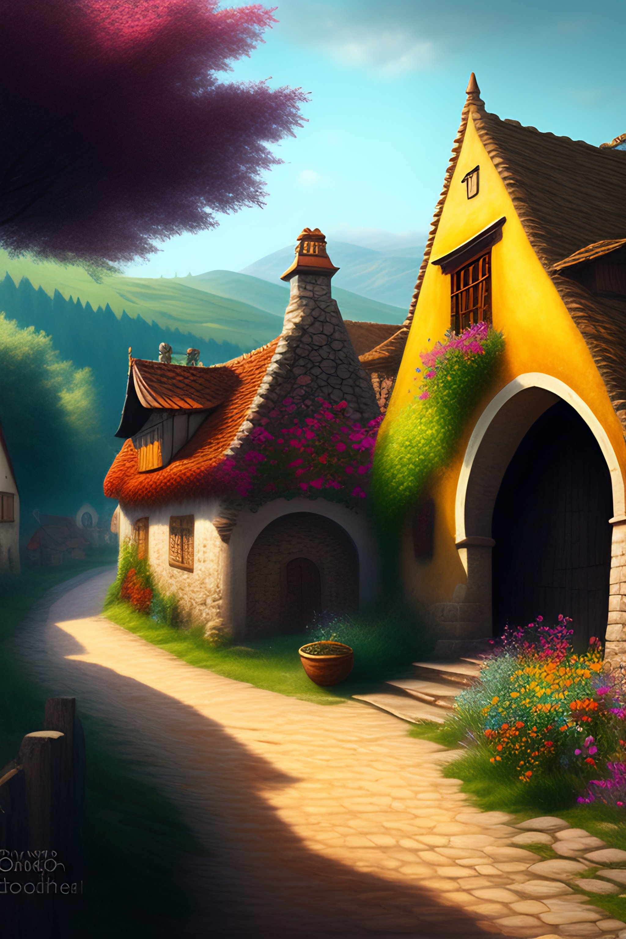 Lexica - Photograph of a medieval village, colors, mid-day