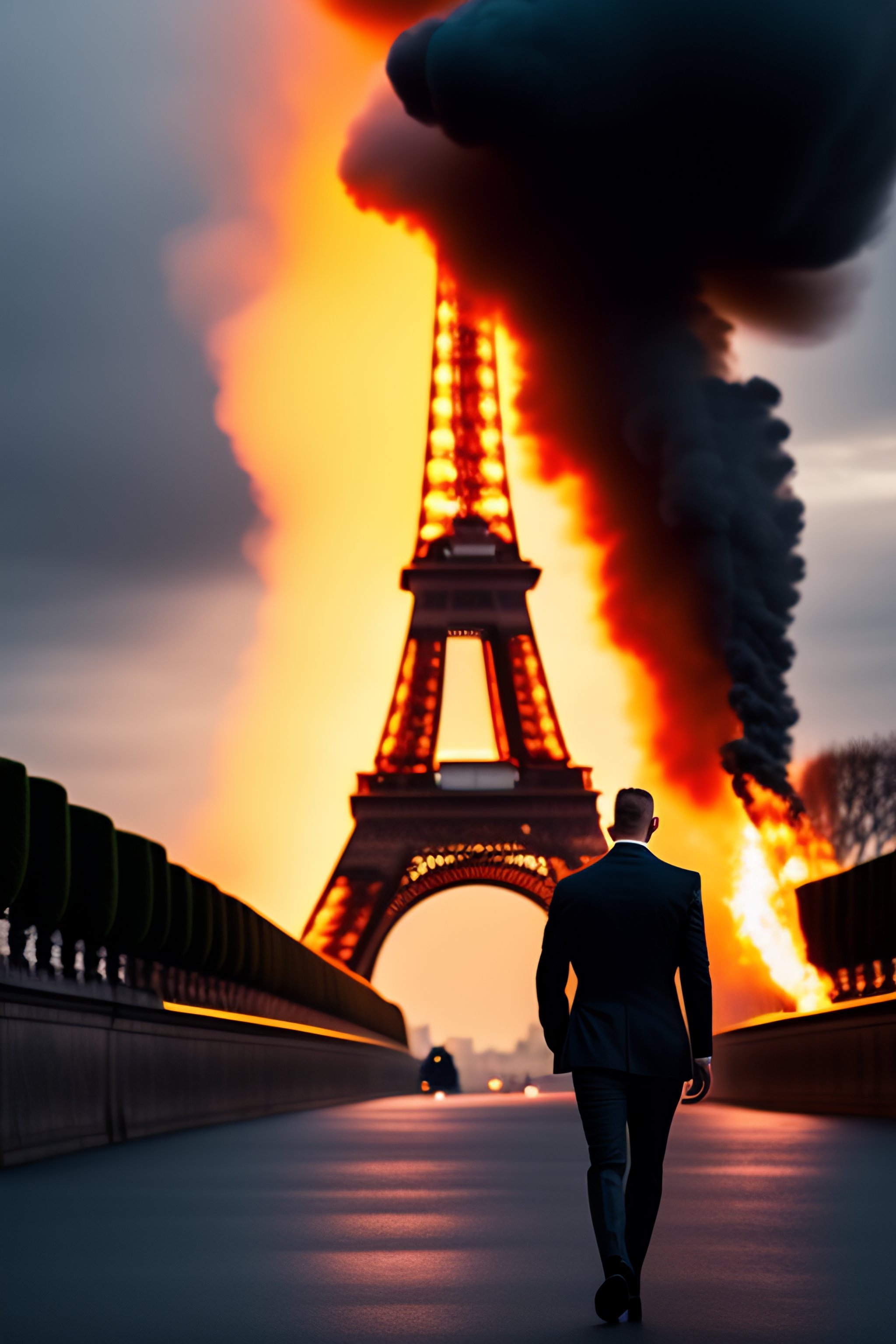 Lexica - James Bond, Daniel Craig running away from exploding Eiffel tower toward the camera ...