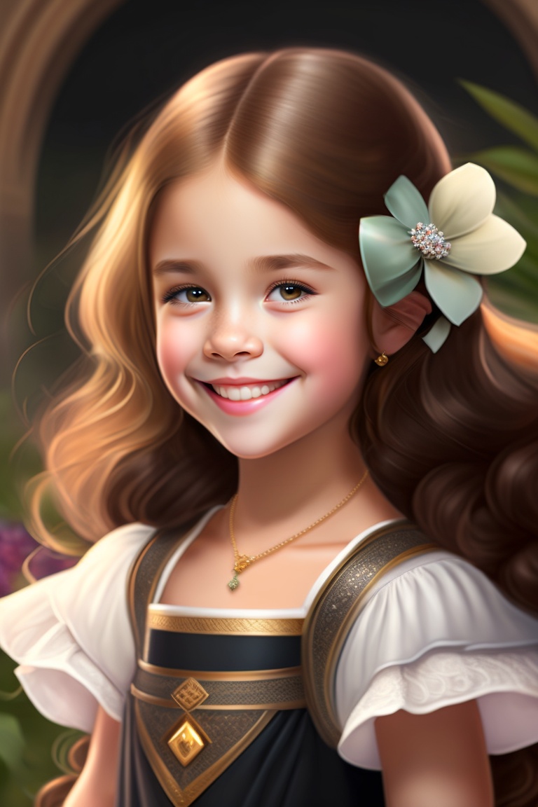 Lexica - A girl, brown hair, black eyes and big smile, princess dress