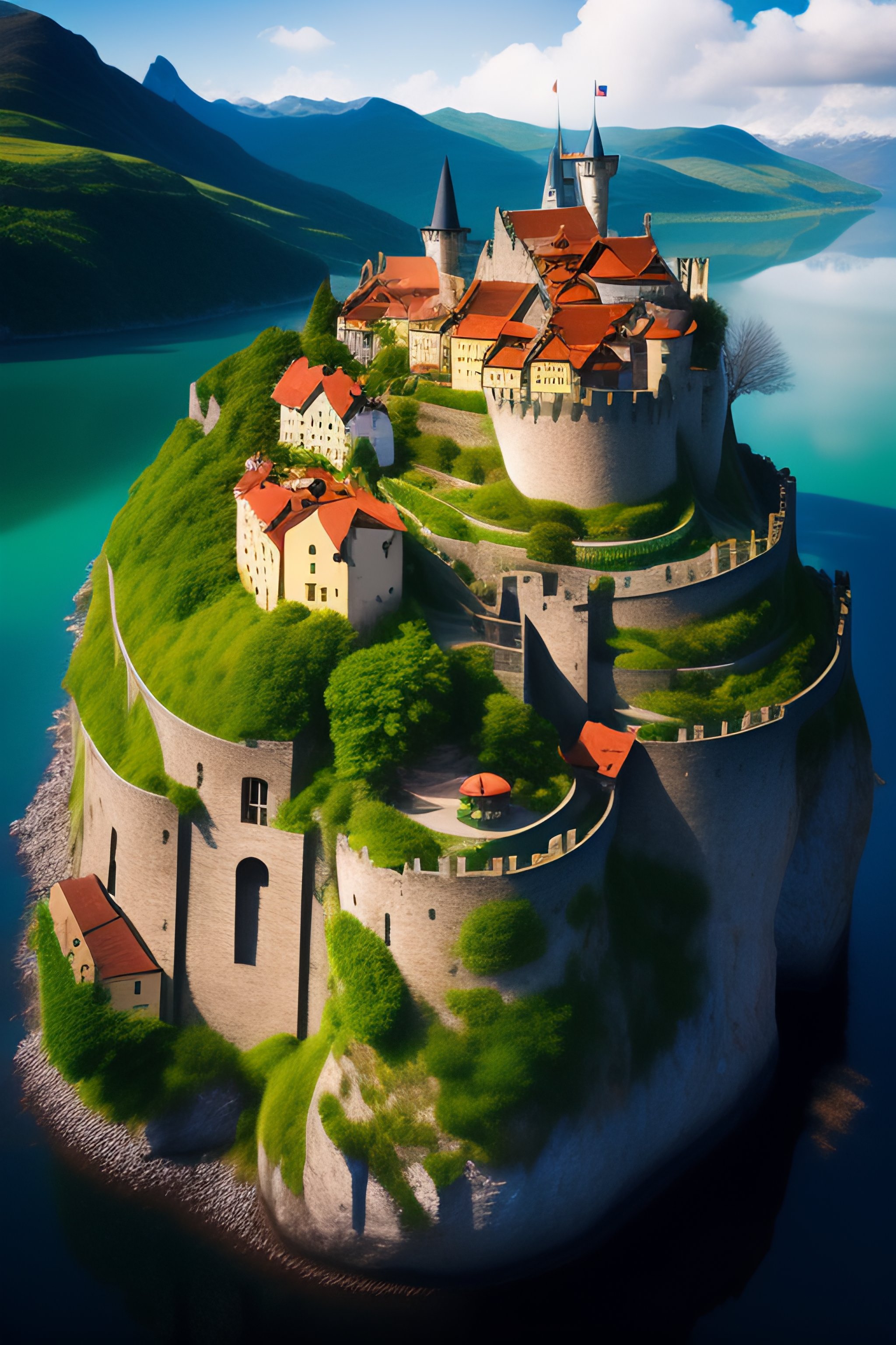 Lexica - Fantasy walled medieval city on steep hillside with winding ...