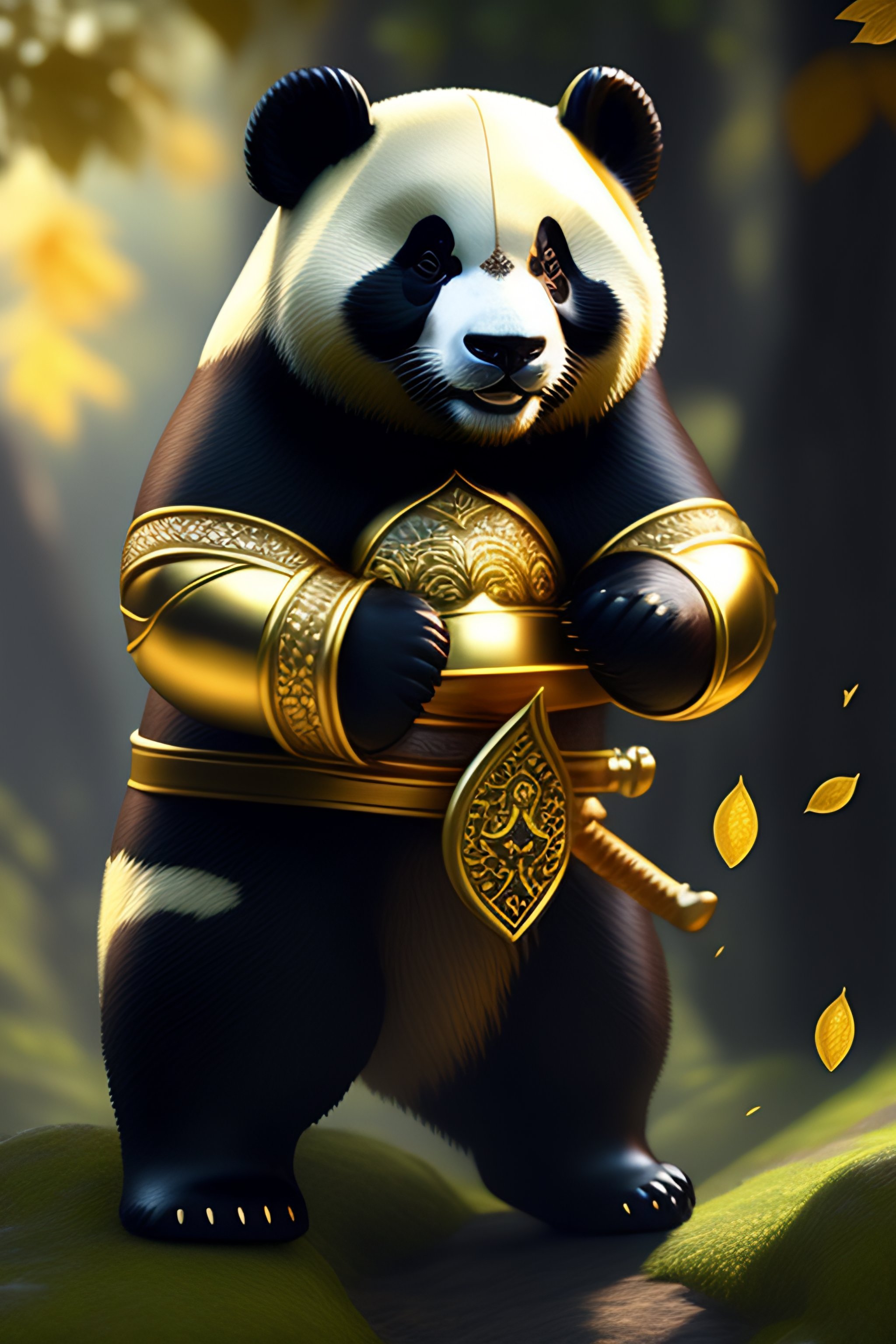 Lexica - Golden decorated panda with beautiful white furr, holding ...