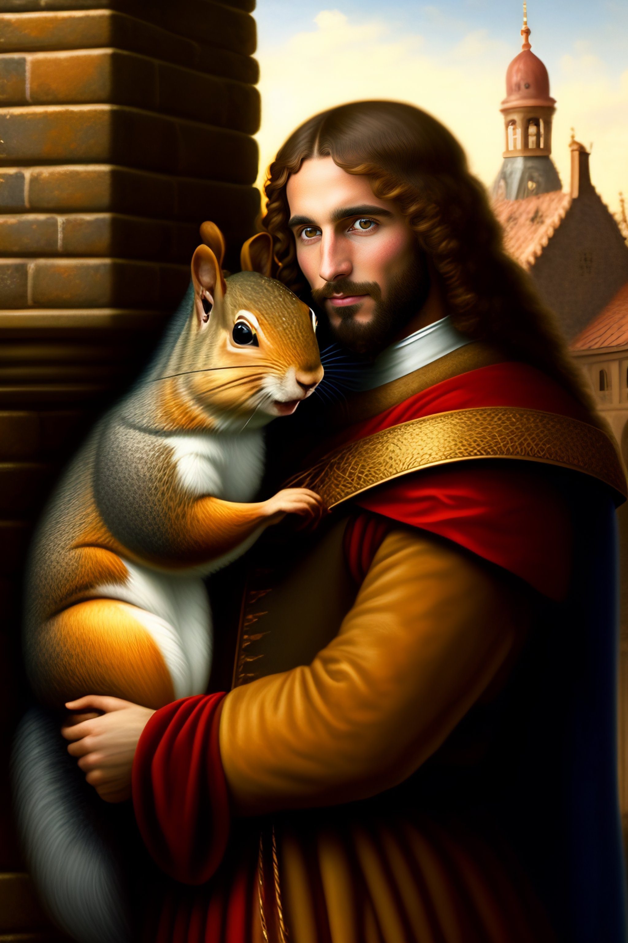 Lexica - Jacob Collins-Levy in medieval style whith squirrel in his arms