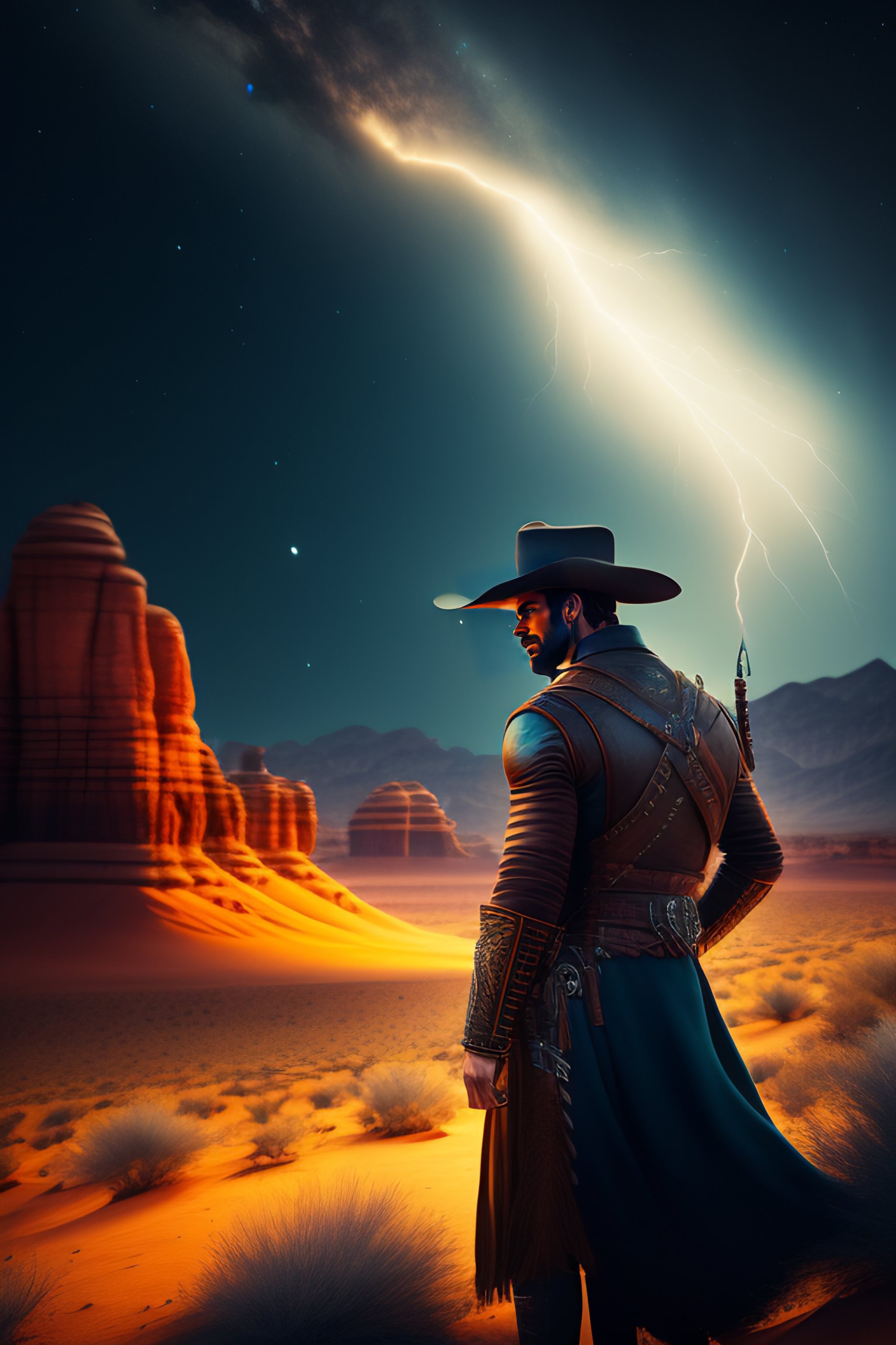 Lexica - Handsome rugged cowboy tipping their hat, desert mountains ...