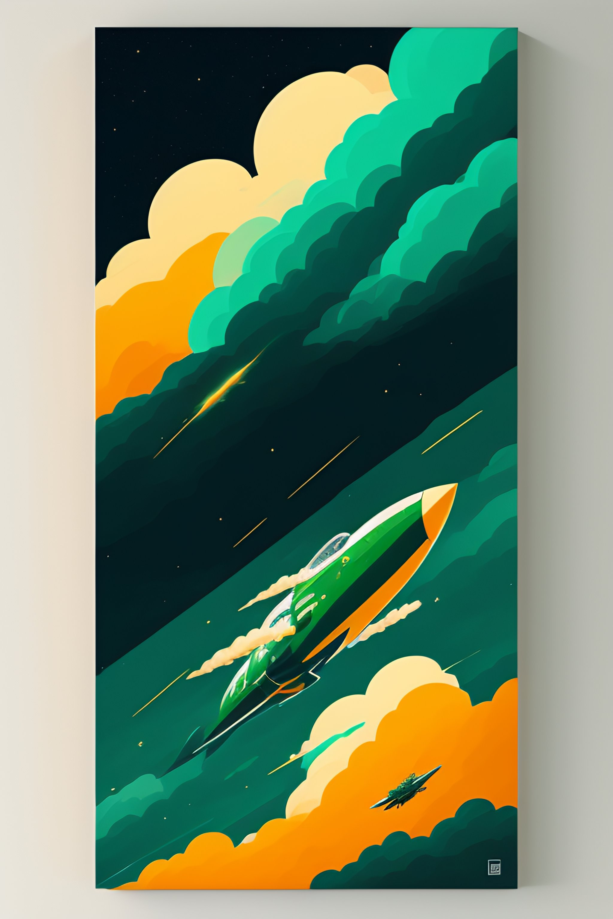 Lexica - Rocket flying through the clouds, style of laurie greasley ...