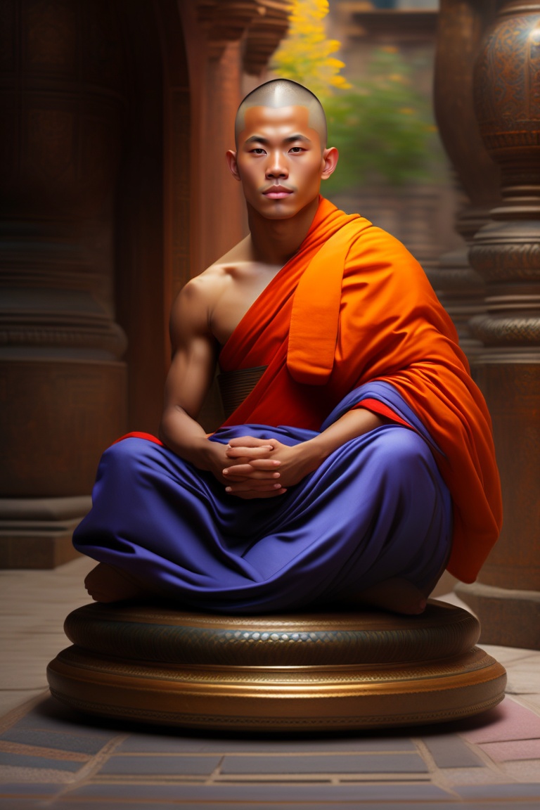 Lexica - A monks front angle with wide open eyes, sitting crossed legs ...